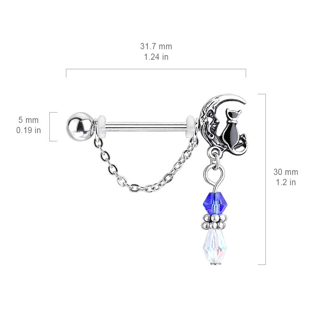 Pierced Owl 14GA Cat and Crescent Moon with Bead Chain Dangle Nipple Barbells, Sold as a Pair