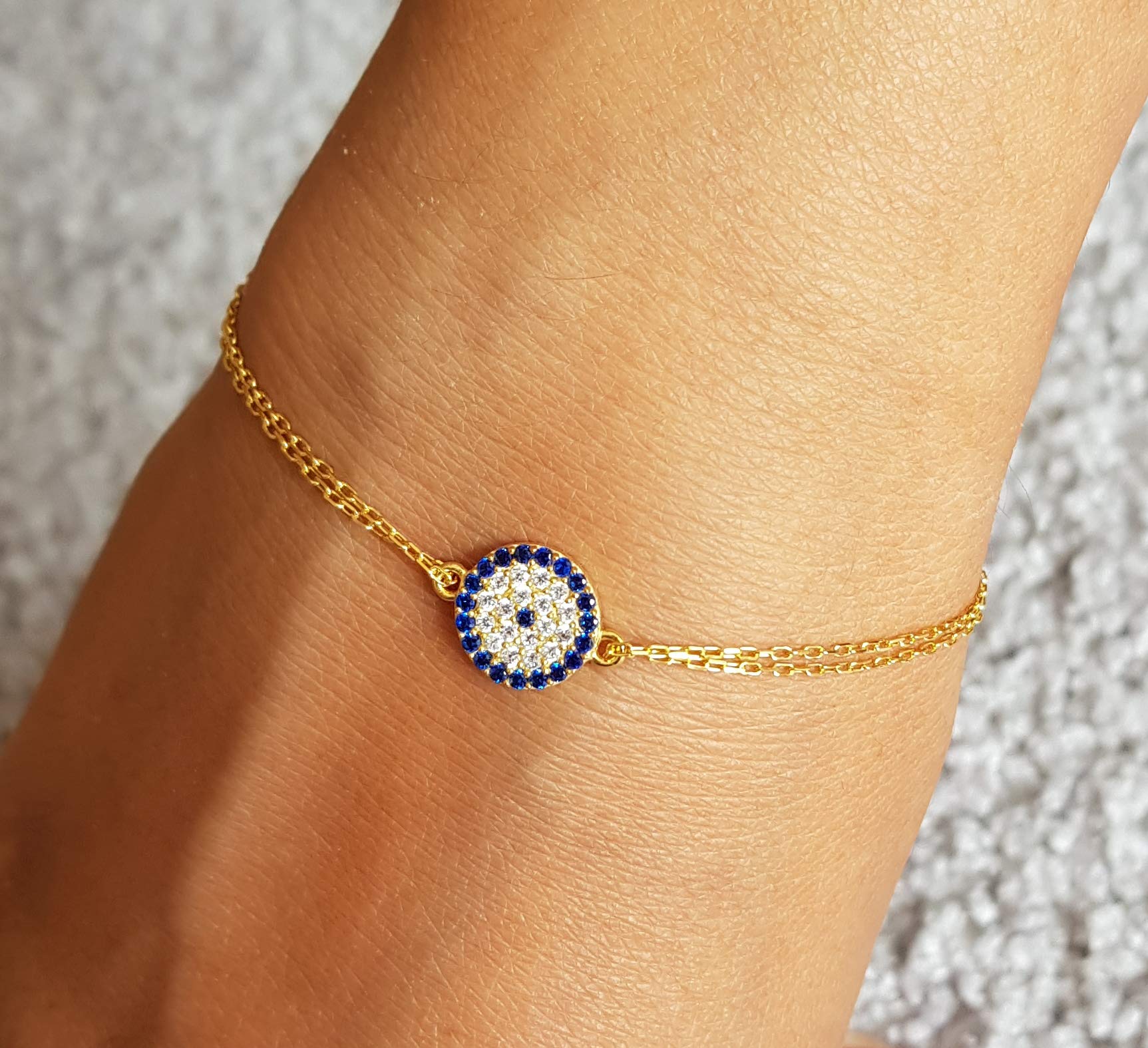 MYSTIC JEWELS by Dalia โ Turkish Eye Motif Zircon Bracelet โ Double Chain 6 inch to 7" Adjustable