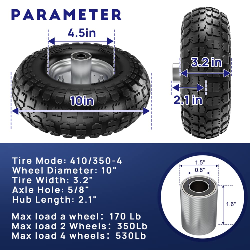 Winisok 4.10/3.50-4 Tire Wheels Flat Free, 10" Heavy Duty Solid Replacement Tire with 5/8ββ Bearings for Wagon/Wheelbarrow/Hand Truck/Generators (4 Pack)