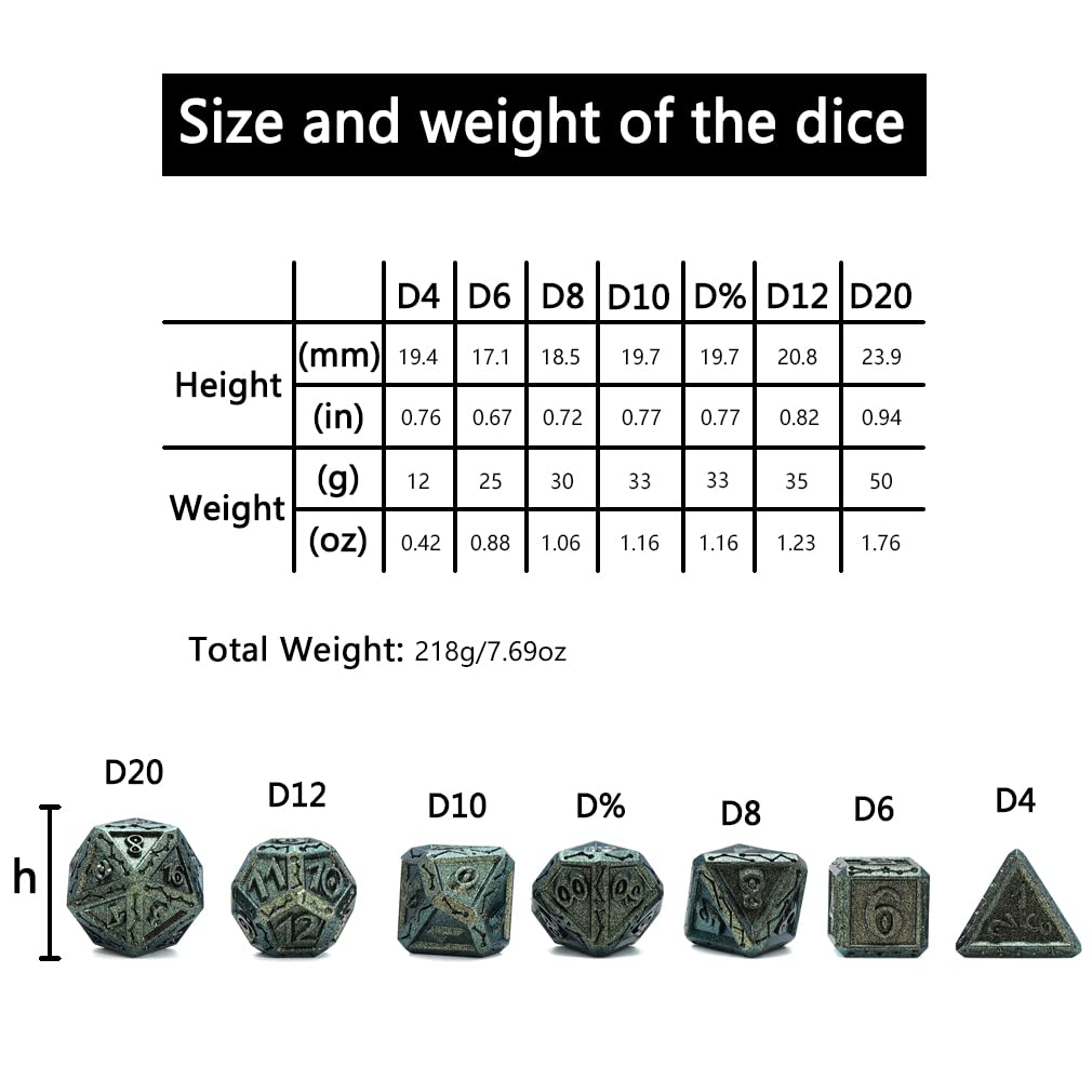 YEMFIRE Original Stellar Bones Dice,7 PCS Solid Metal Dice for Role-Playing Game D&D,RPG Dice Set for Board Game MTG Polyhedral D20 Dice (Green)