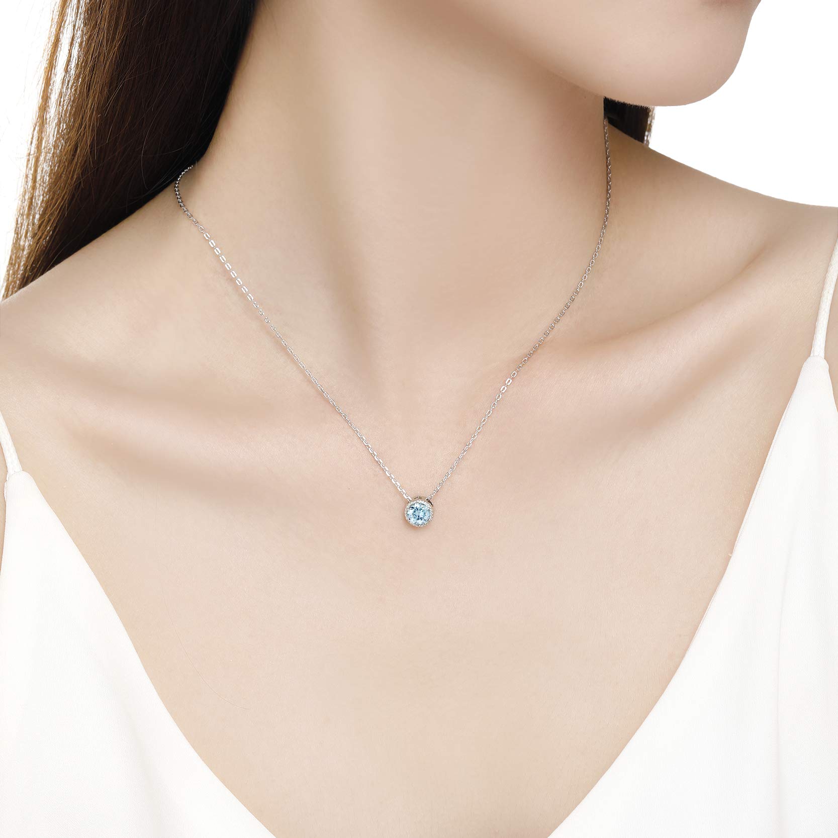 Presentski March Birthstone Necklace White Gold for Mom Women Sterling Silver CZ Blue Pendant Necklaces