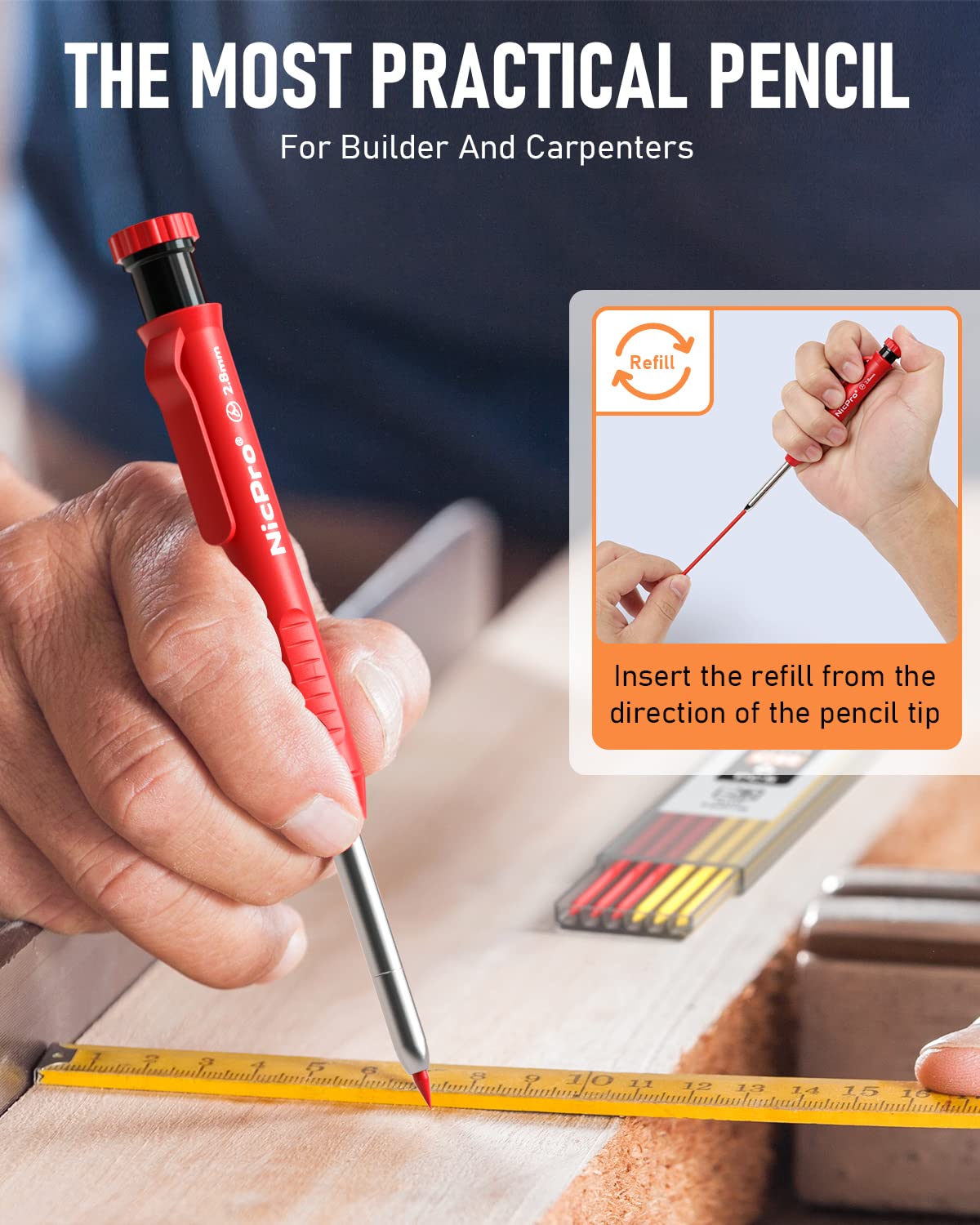 Nicpro 3 Pack Carpenter Pencil with Sharpener & Cap, Mechanical Carpenter Pencils with 39 Refills (Red, Black, Yellow), Deep Hole Marker Construction Heavy Duty Woodworking Pencils - With Case