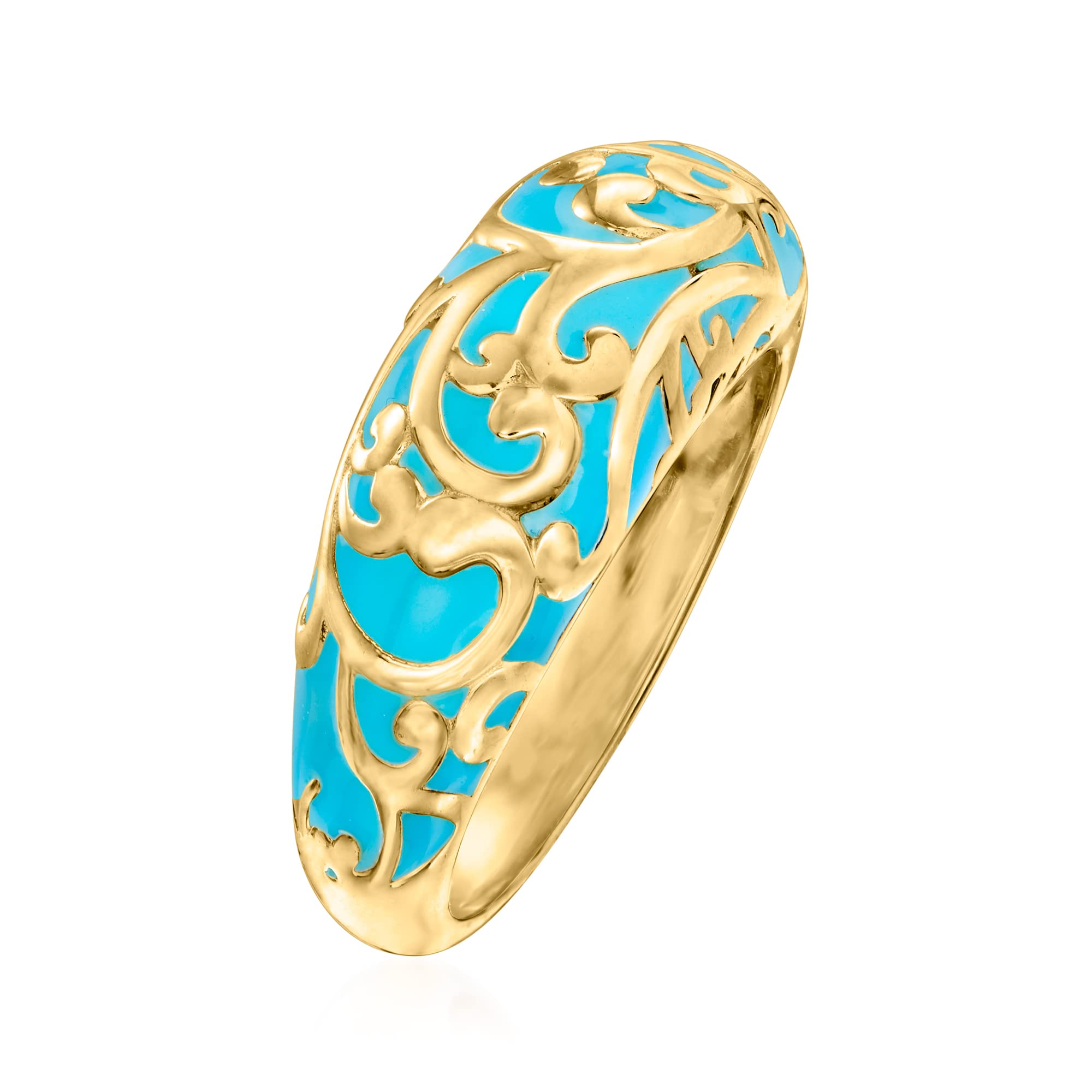 Ross-Simons Turquoise Enamel Scrollwork Dome Ring in 18kt Gold Over Sterling. Size 8