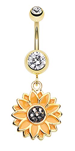 Pierced Owl Clear CZ Crystal Summer Sunflower Dangle Belly Button Navel Ring (Gold Plated Stainless Steel)