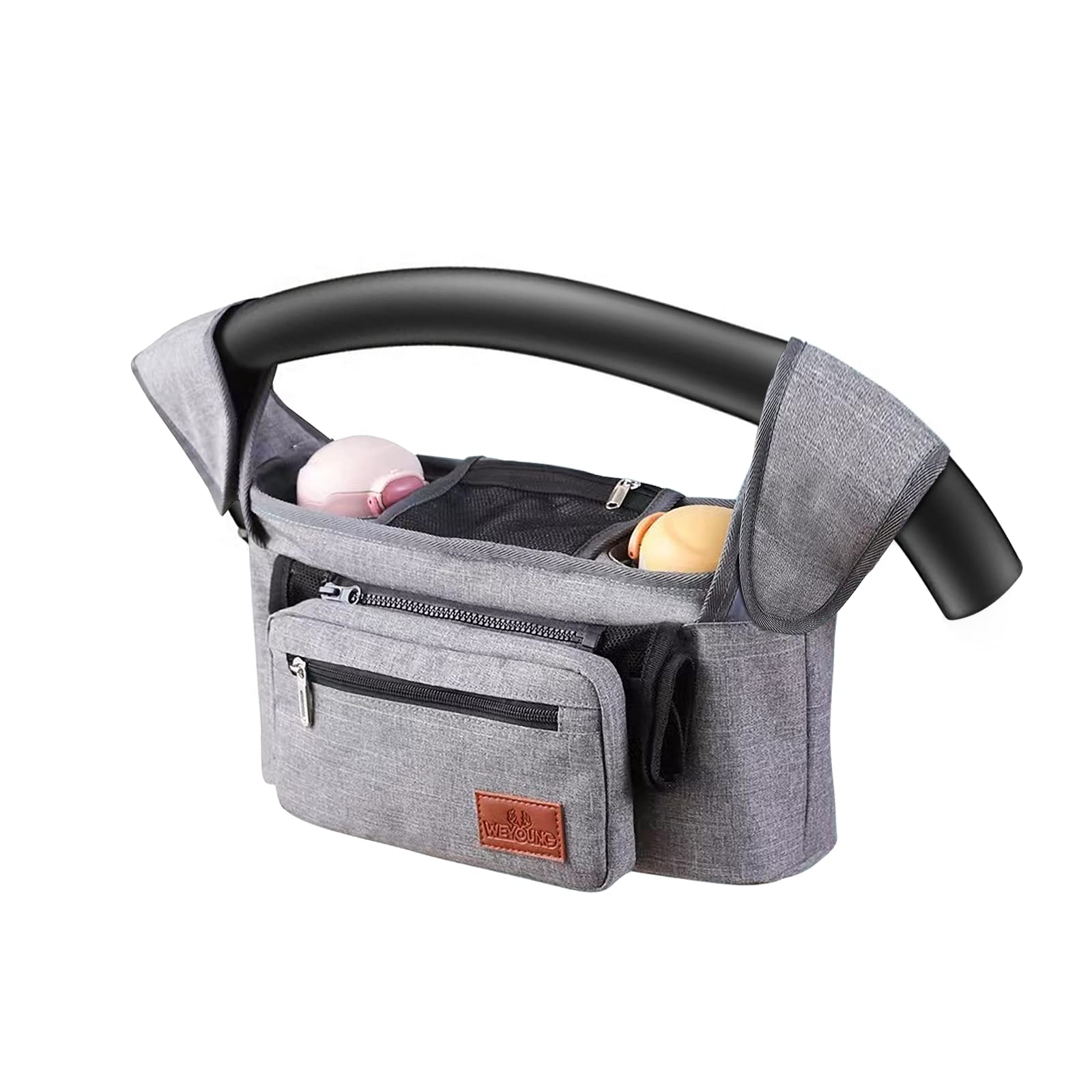 Yoyong Universal Stroller Organizer—Stroller Caddy with 2 Cup Holders, Adjustable Stroller Caddy Detachable Bag Baby Stroller Accessories Pockets