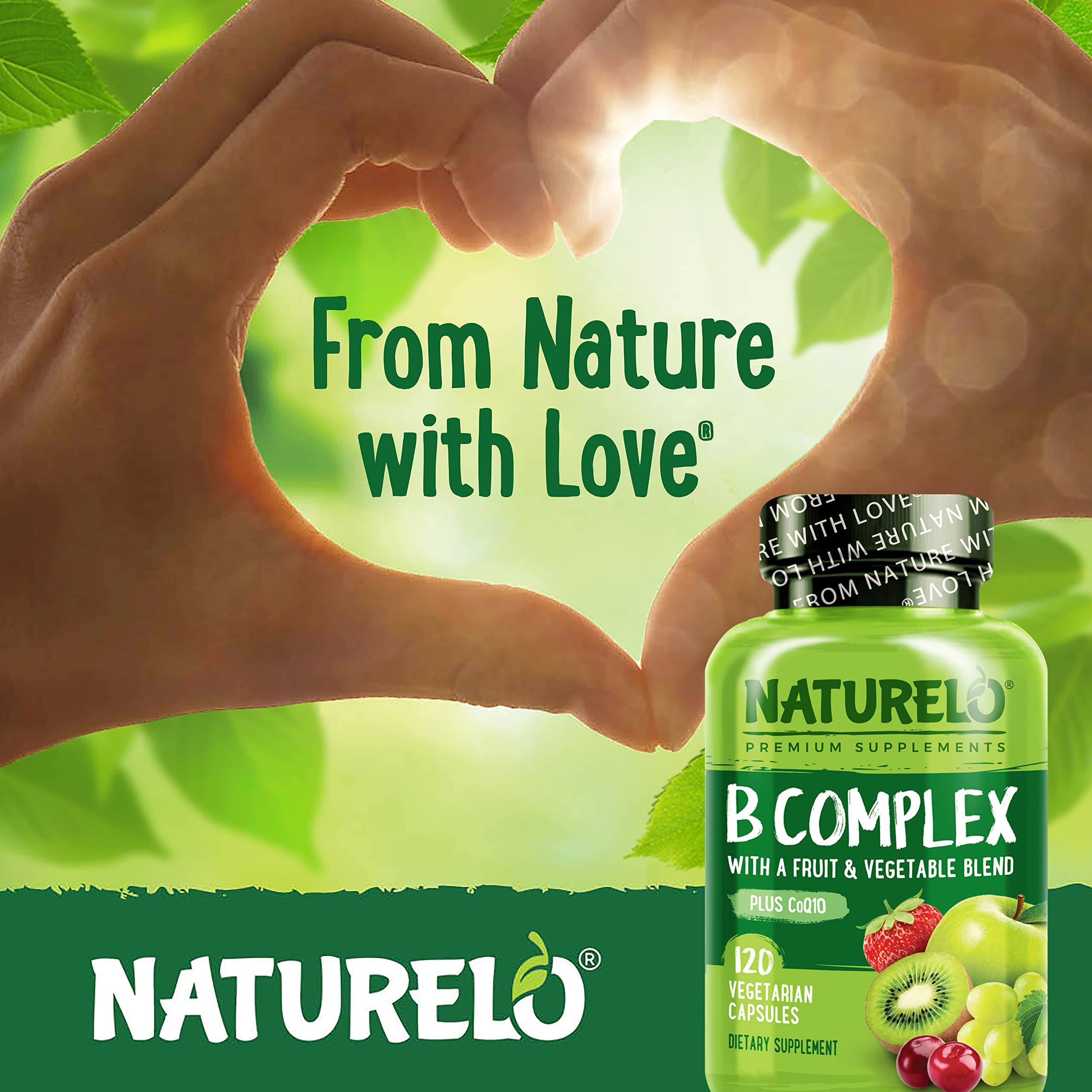 NATURELO Vitamin B Complex with Methyl B12, Methyl Folate, Vitamin B6, Biotin Plus Choline, CoQ10, and Fruit & Vegetable Blend - Supports Energy & Healthy Stress Response - Vegan - 120 Capsules