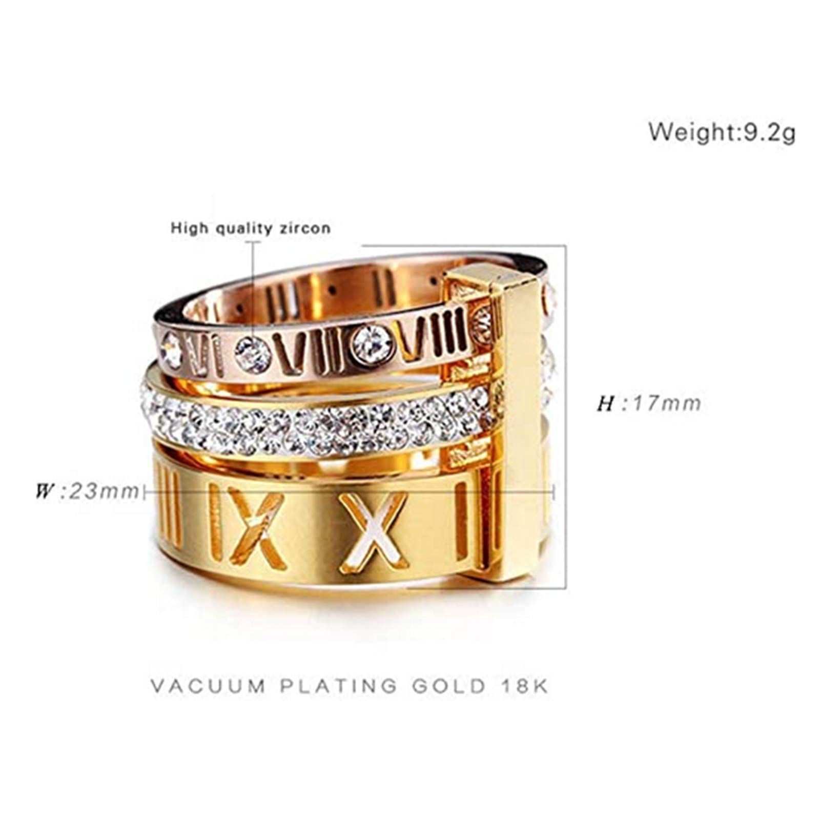 PAMTIER Women's Stainless Steel with Zirconia Roman Numerals 3 in 1 Ring Rose + Gold Size 6.5