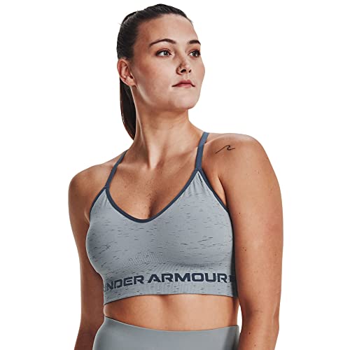 Under Armour Women's Seamless Low Long Heather Bra, (465) Harbor Blue / / Gravel, Medium