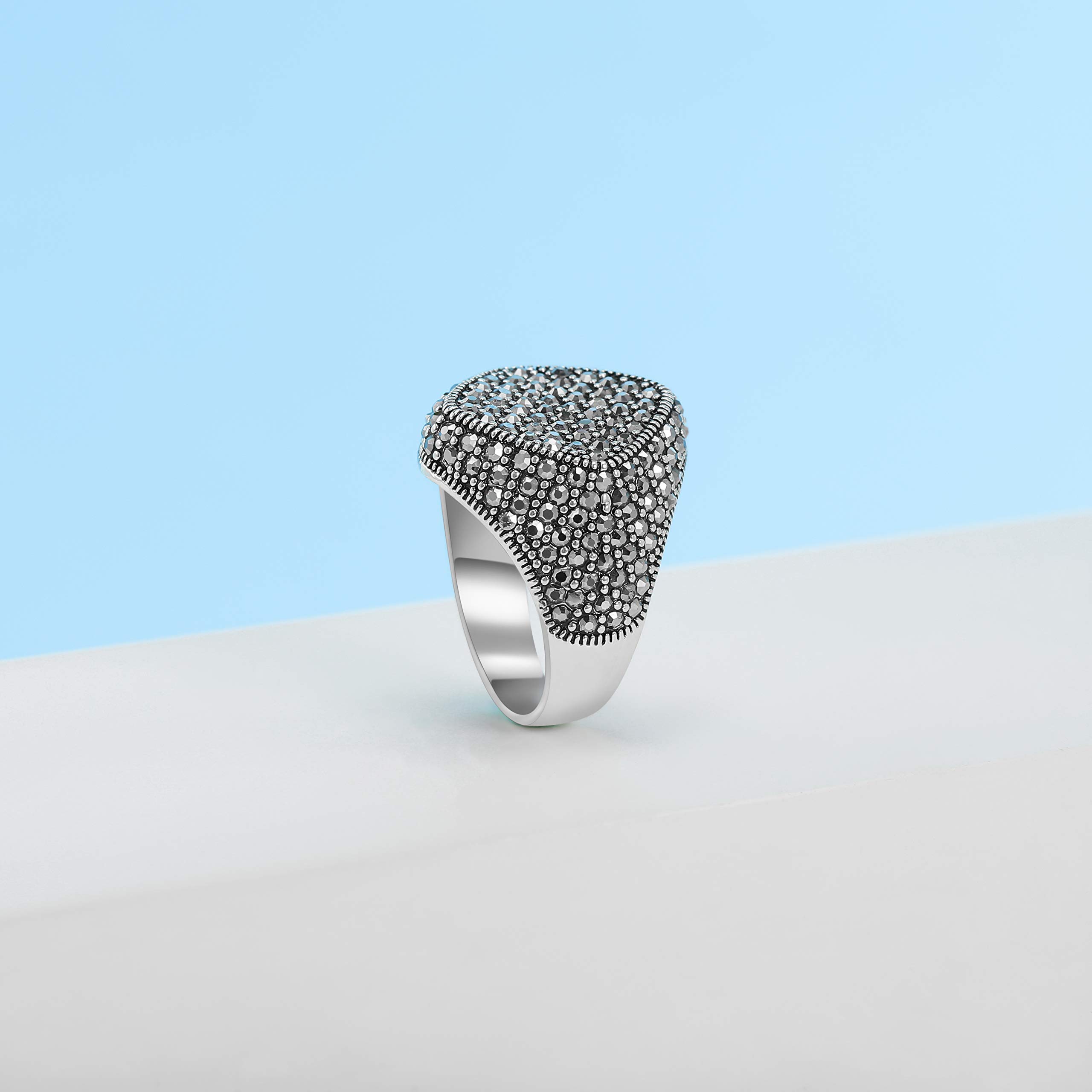 Mytys Marcasite Silver Rings for Women Geometry Black Diamond Costume Statement Women Rings Size 9