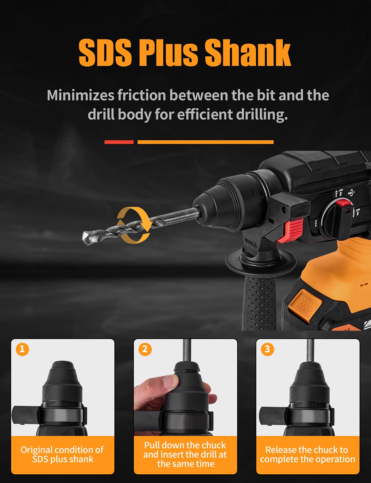 Rotary Hammer Drill ,3-in-1 Mode Brushless Impact Drill with Safety Clutch,with 21V 4.0Ah 2000mA Battery, SDS-Plus 1/2 inch