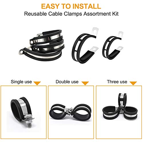VIGRUE 53pcs Cable Clamps Assortment Kit, 304 Stainless Steel Rubber Cushion Pipe Clamps in 6 Sizes 1/2'' 1'' 1.25'' 1.5'' 1.75'' 2''