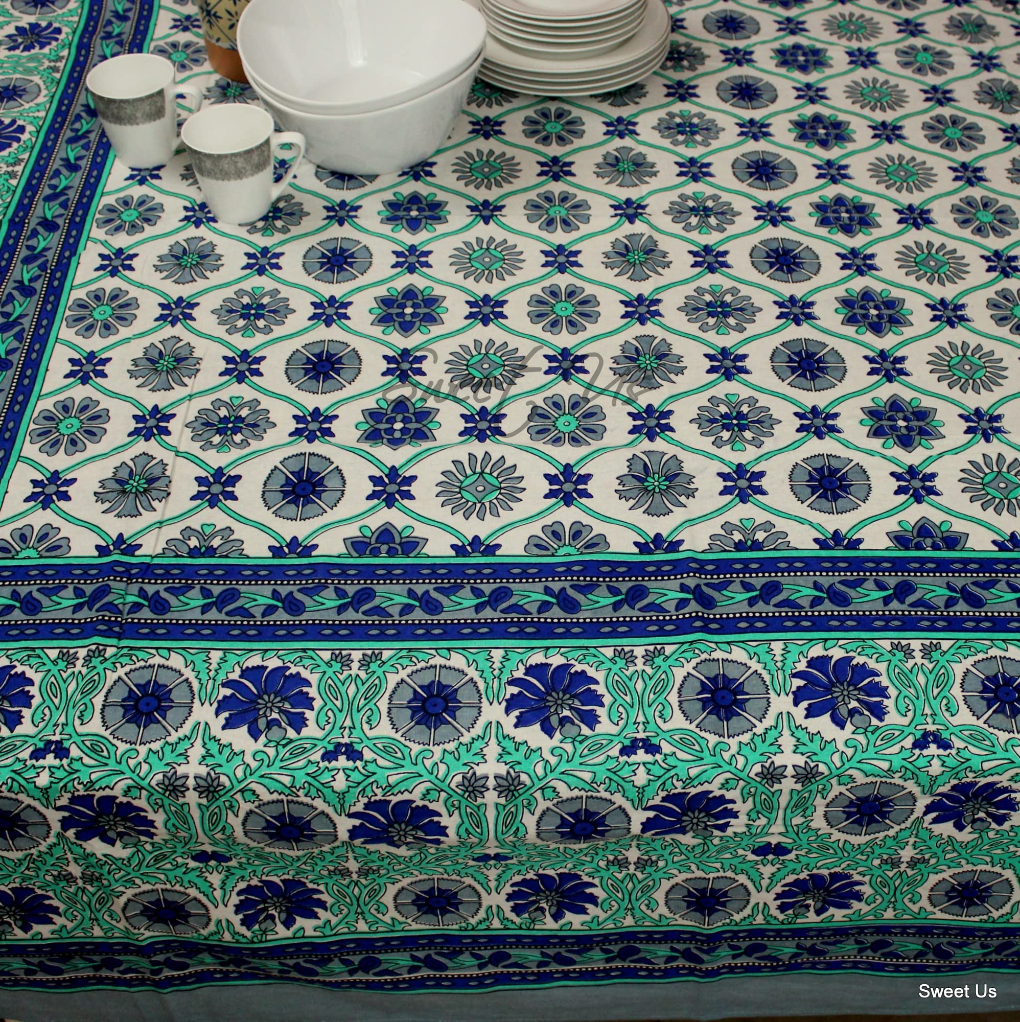 Sweet Us Floral Tablecloth for Rectangle Tables, Cotton Floral Kitchen Dining Table Cloth and Napkin Bundle, Table Linen White Gray Turquoise Blue, Table Cover for Indoors and Outdoors 70 x 104 in