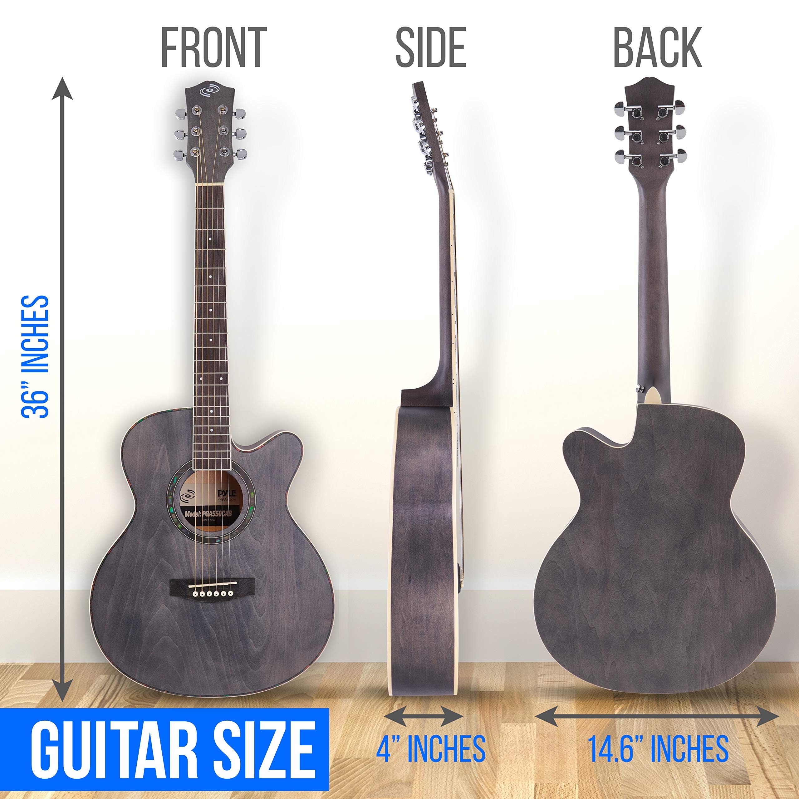 Pyle Acoustic Guitar Kit, 3/4 Junior Size All Wood Steel String Instrument for Beginner Kids, Adults, 36” Matte Gray