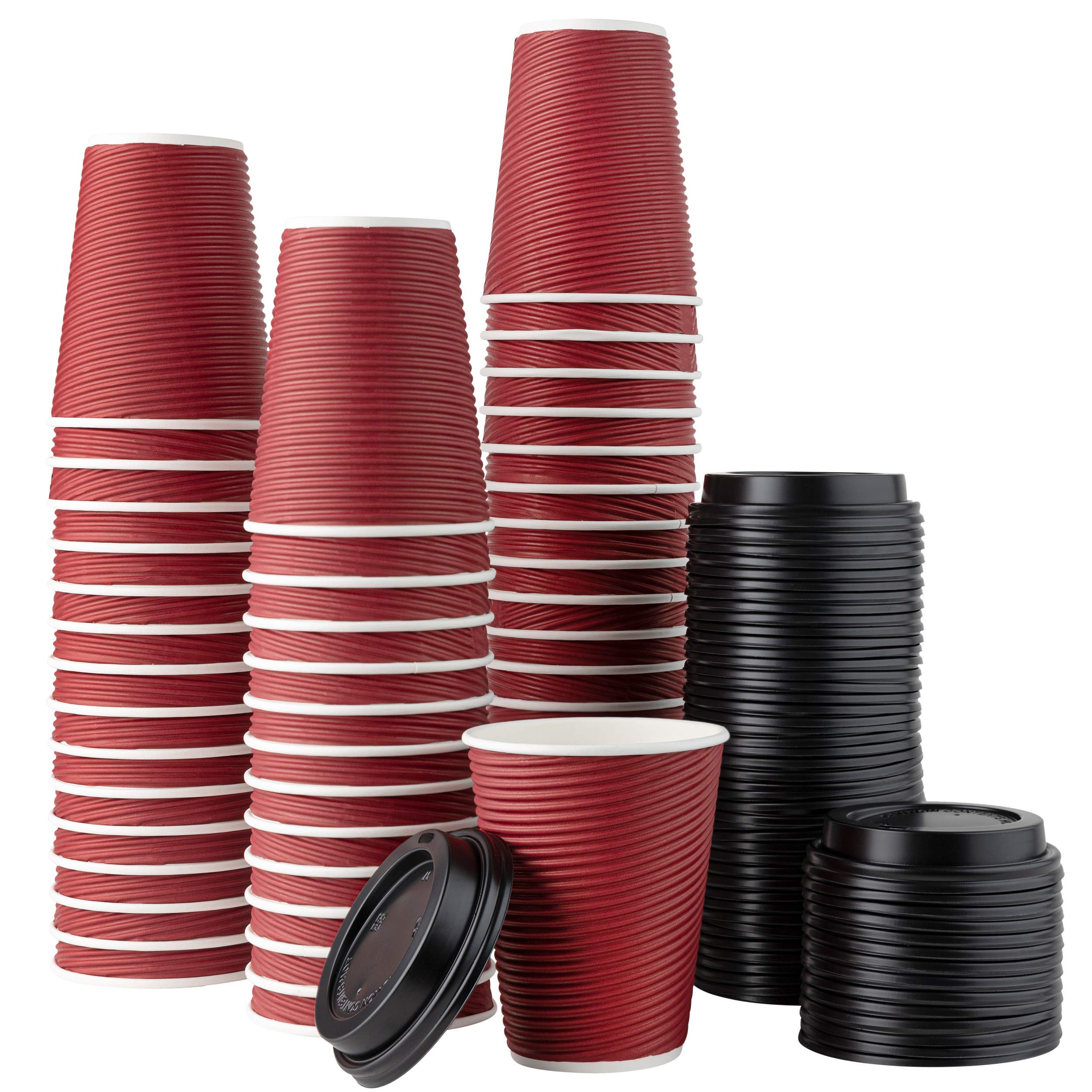 PLASTICPRO [50 Sets - 12 oz.] Insulated Rippled Double Wall Paper Hot Coffee Cups With Lids, Burgundy