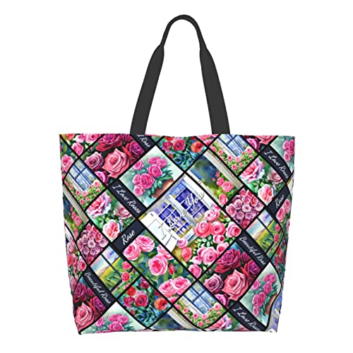 Women Casual Rose Window Wheat Field Handbags Big Capacity Shopping Shoulder Bag With Built In Pocket