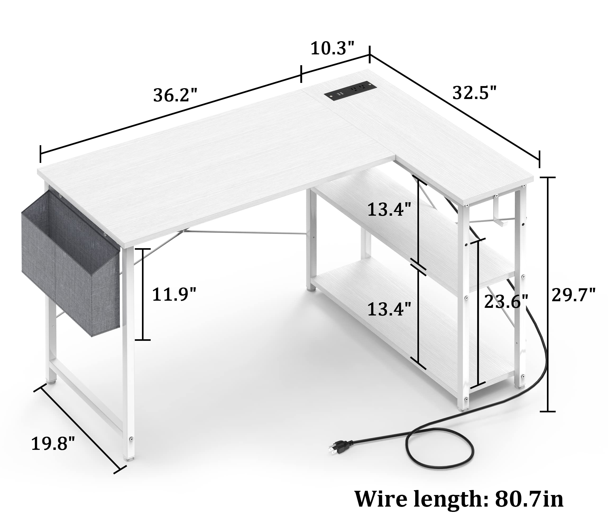Mr IRONSTONE L Shaped Desk with Outlets & USB Ports, Reversible 47 Inch Office Desk, Corner Desk for Small Space, Home Office Desk with Storage Bag & Hook, White