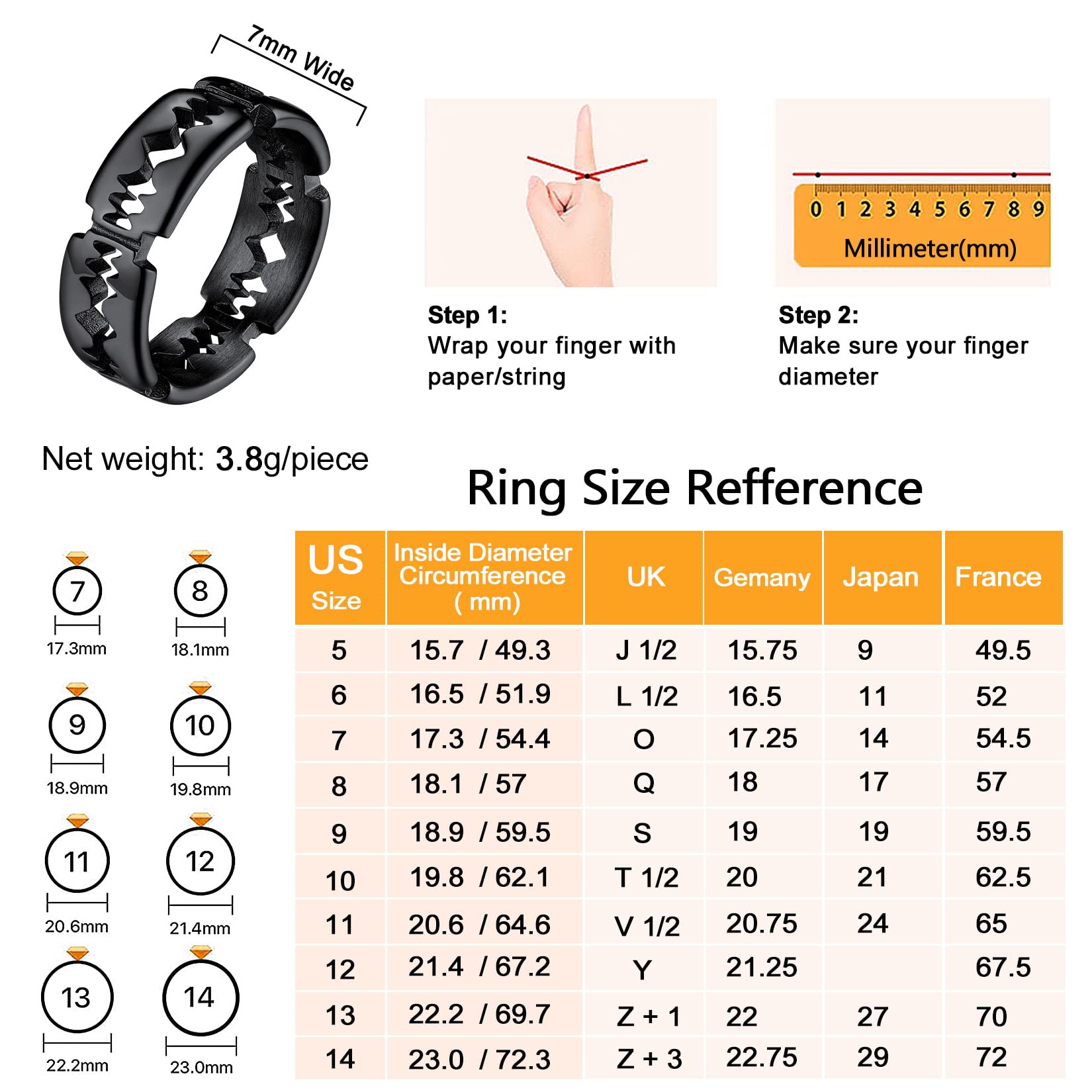 U7 Wedding Band for Husband Cool Bikers Thumb Ring Size 12 Personalized Black Razor Blade Ring