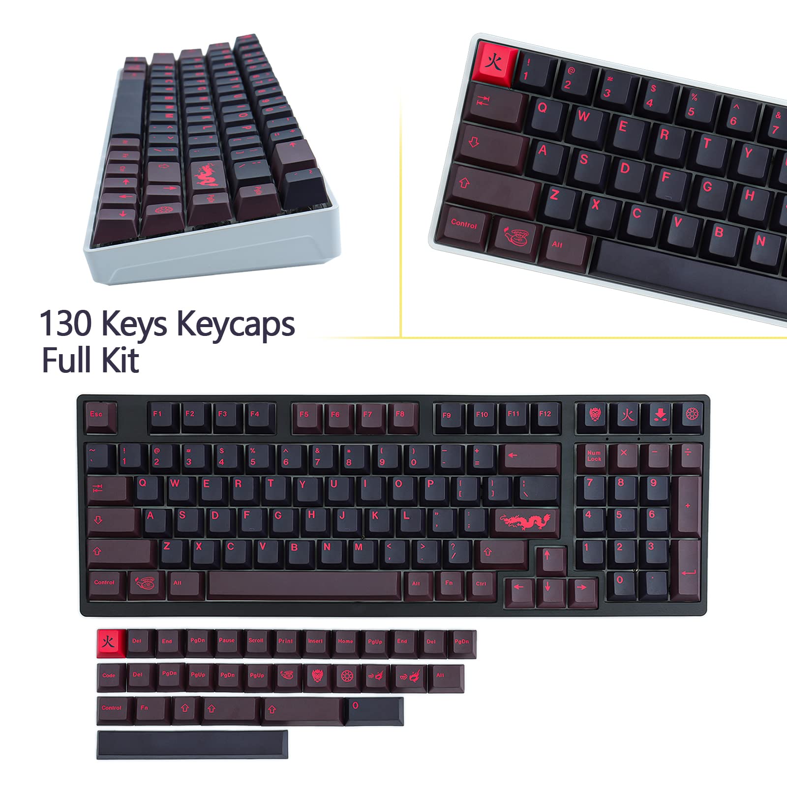 PBT Keycaps 129 Keys Dye-Sublimation Cherry Profile Keycaps Red Dragon Keycaps for Cherry Gateron Mx Switches Mechanical Gaming Keyboard