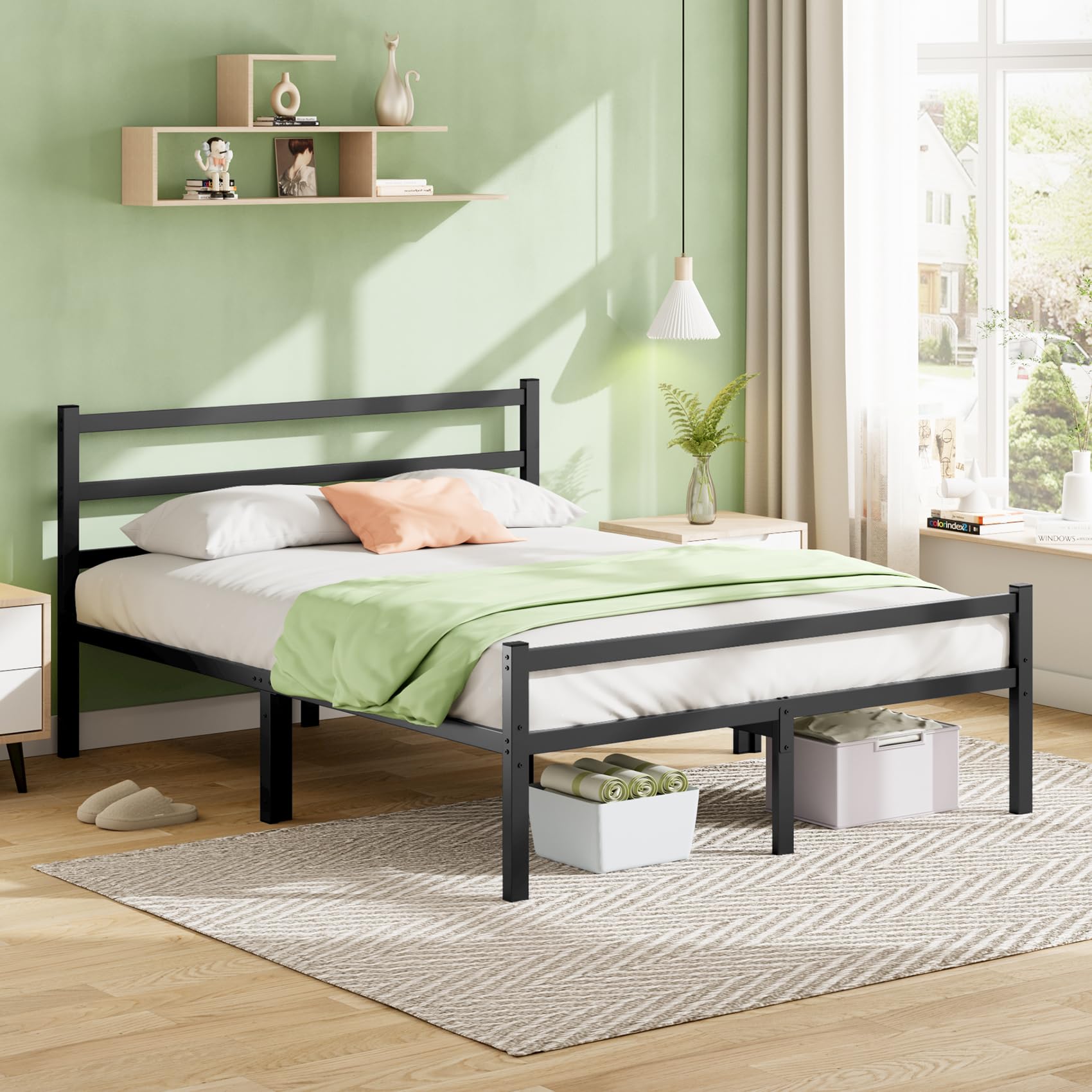 Mr IRONSTONE Queen Bed Frame with Headboard & Under Bed Storage Containers with 6 Wheels