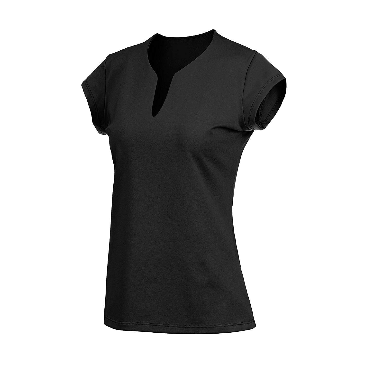 Saadiya Tennis Shirts for Women Short Sleeves, Solid Golf T Shirts V-Neck Running Shirts Black