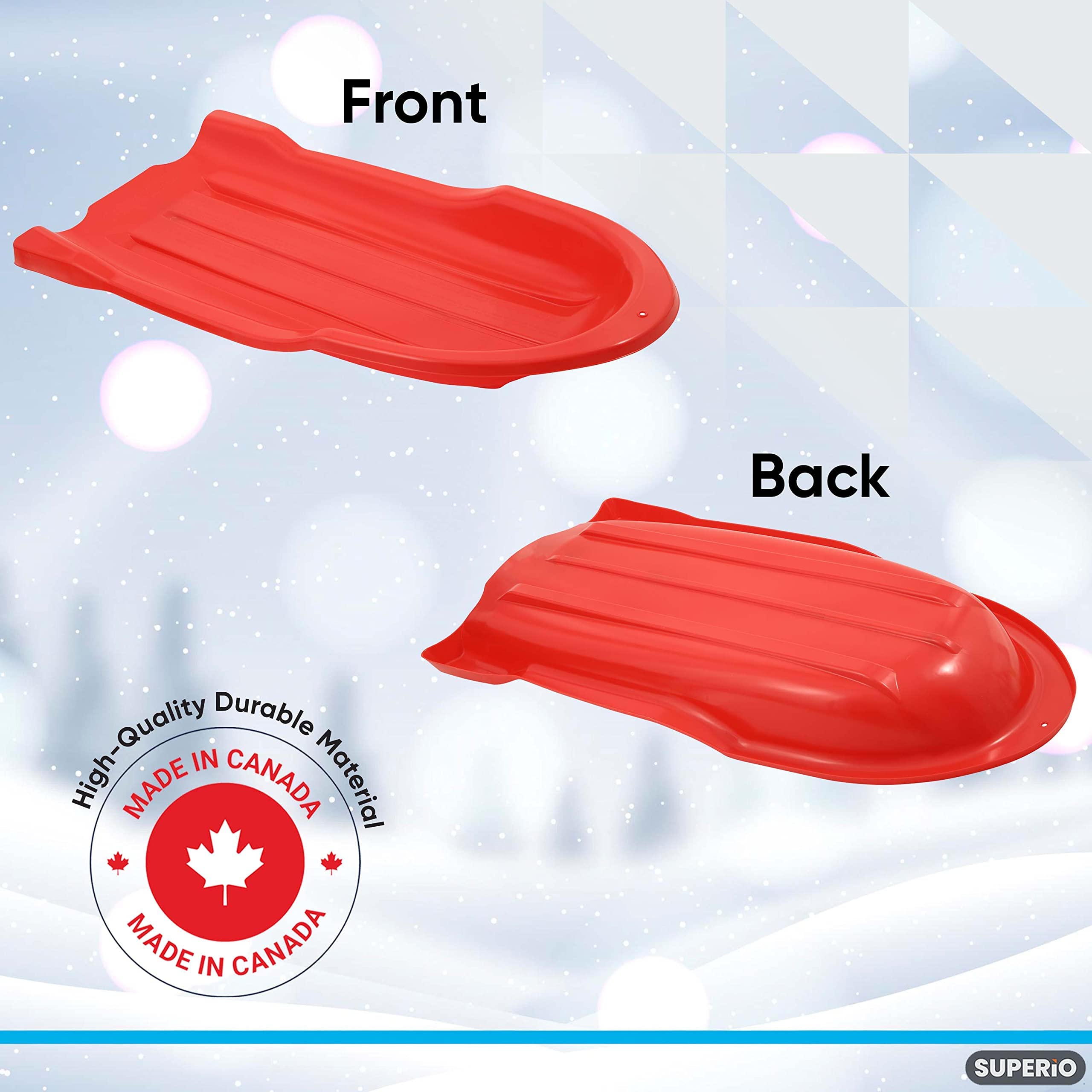 Superio Toboggan Snow Sleds, 4 Pack- 46β Plastic Open Back Slider for Kids and Adults- Heavy Duty Sleds with Holes for Pull Ropes (Ropes Excluded) for Downhill Sledding, Winter Outdoor Sports, (Red)