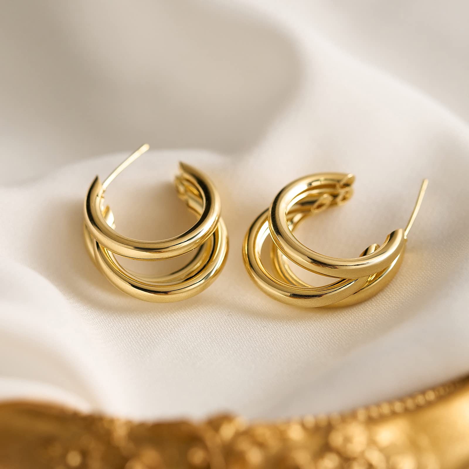 SWEETV Chunky Gold Hoop Earrings 20mm Thick for Women Triple Hoops Sterling Silver Open Earring