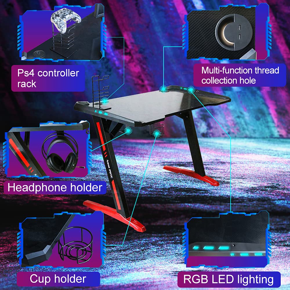 N /A NEWPUTE Office Gaming Desk 43.31"x23.62" Z Shaped Home Office PC Computer Table with LED Lights Controller Stand Cup Holder Headphone Hook for E-Sport Racing Gamer Pro Gift…