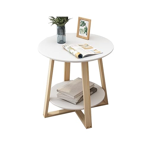 Mlaea Small Sofa Side Table, Round 2 Tier Coffee Table with Shelves, Wooden End Table for Bedroom Balcony Study Room, Simple Style(Size:50 * 50CM,Color:A)