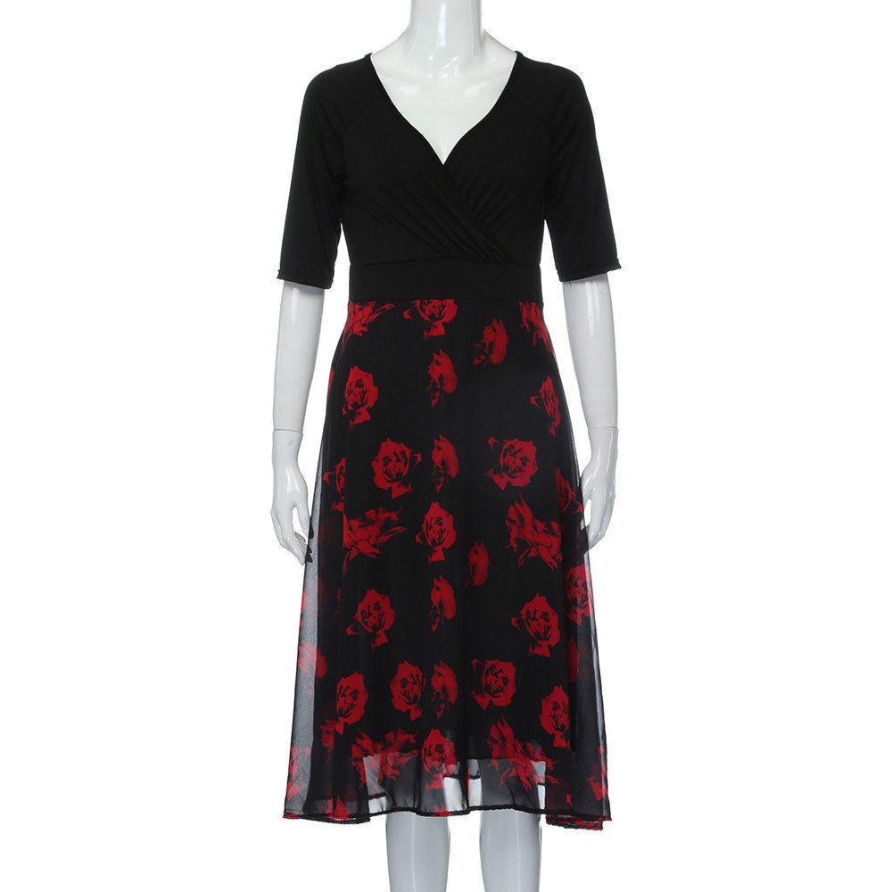 Plus Size V-Neck Dress for Women Floral Printing Mesh Swing Dress Patchwork Half Sleeve Tank Top Dress Red
