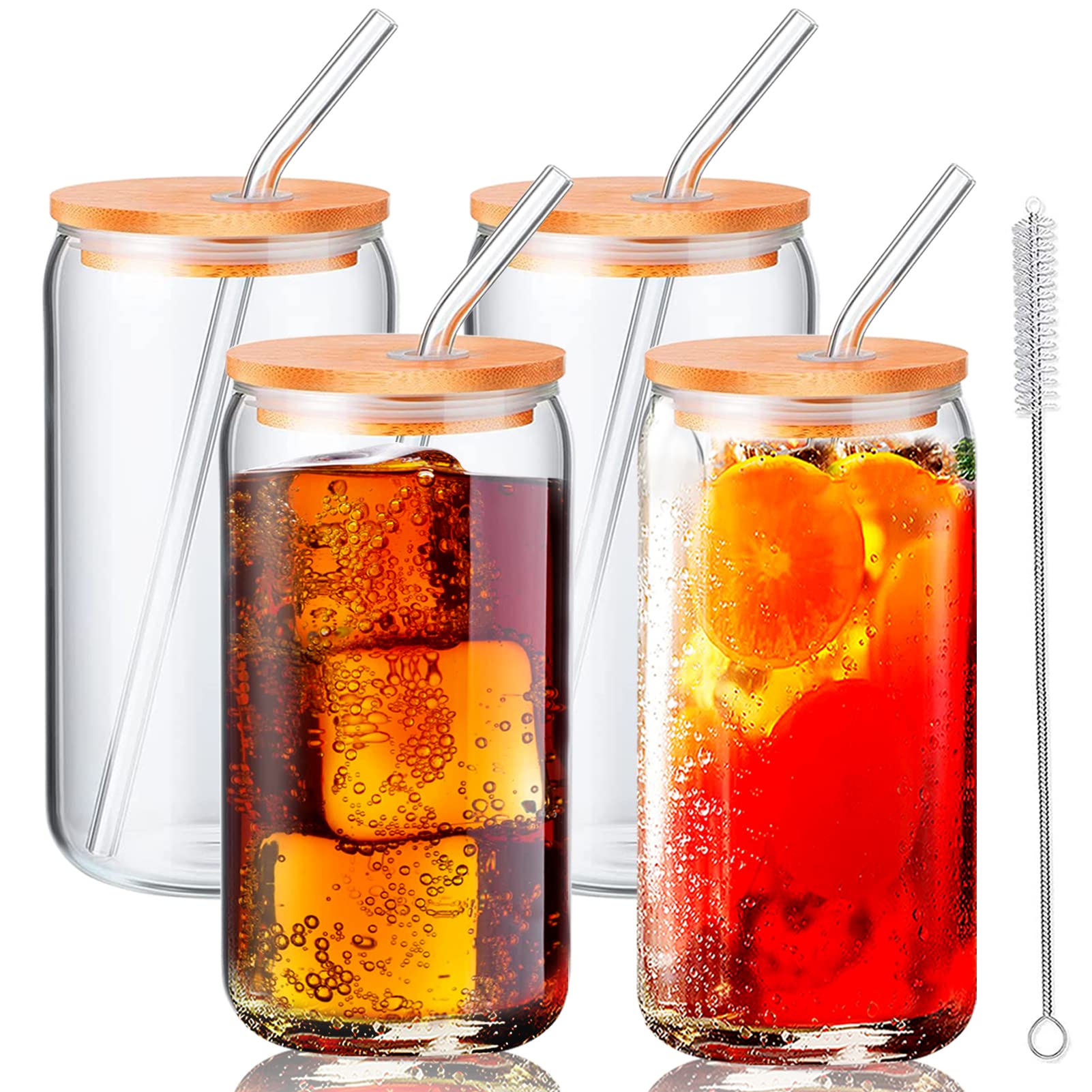 Transparent Glass Cups with Bamboo Lids and Glass Straw, 4pcs 16oz Can Shaped Glass Cups, Beer Glasses, Iced Coffee Glasses, Cute Tumbler Cup, Ideal for Cocktail, Whiskey, Bonus 2 Cleaning Brushes