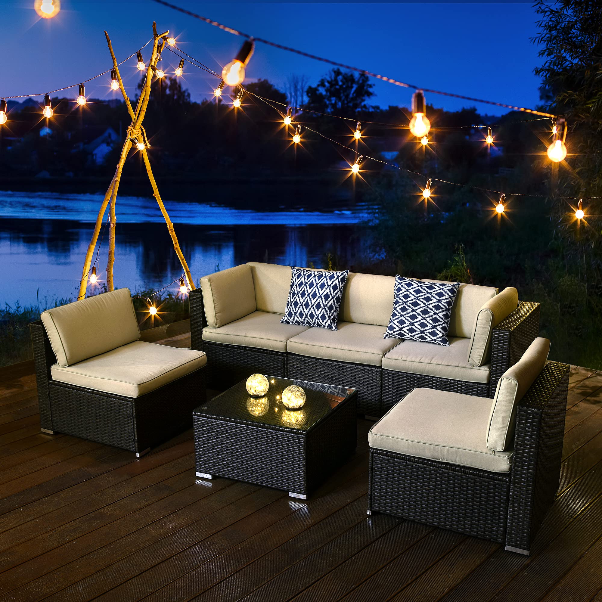 YITAHOME 6 Pieces Patio Furniture Set, Outdoor Sectional Sofa PE Wicker Conversation Set Outside Couch with Table for Porch Lawn Garden Backyard, Black