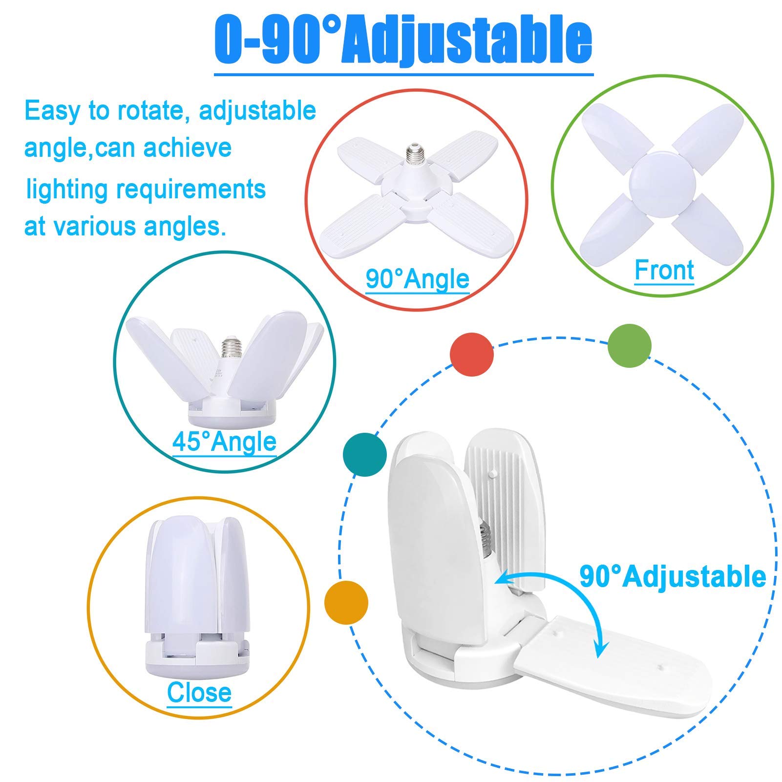 N-A LED Garage Light 60W Deformable Garage LED Lights 6000LM 6000K Daylight White Adjustable Garage Ceiling Lights E26/E27 Warehouse Lights for Warehouse Workshop Basement