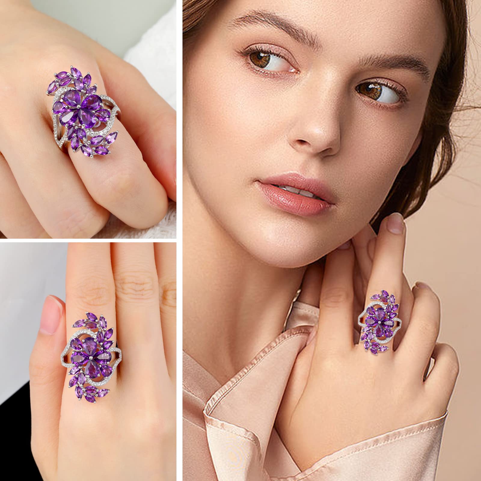 supermodel Nature Leaf Flower Ring Long Statement Cocktail Finger Accessories for Women Sterling Silver Wide Band Purple Amethyst Gemstone Ring Size 8