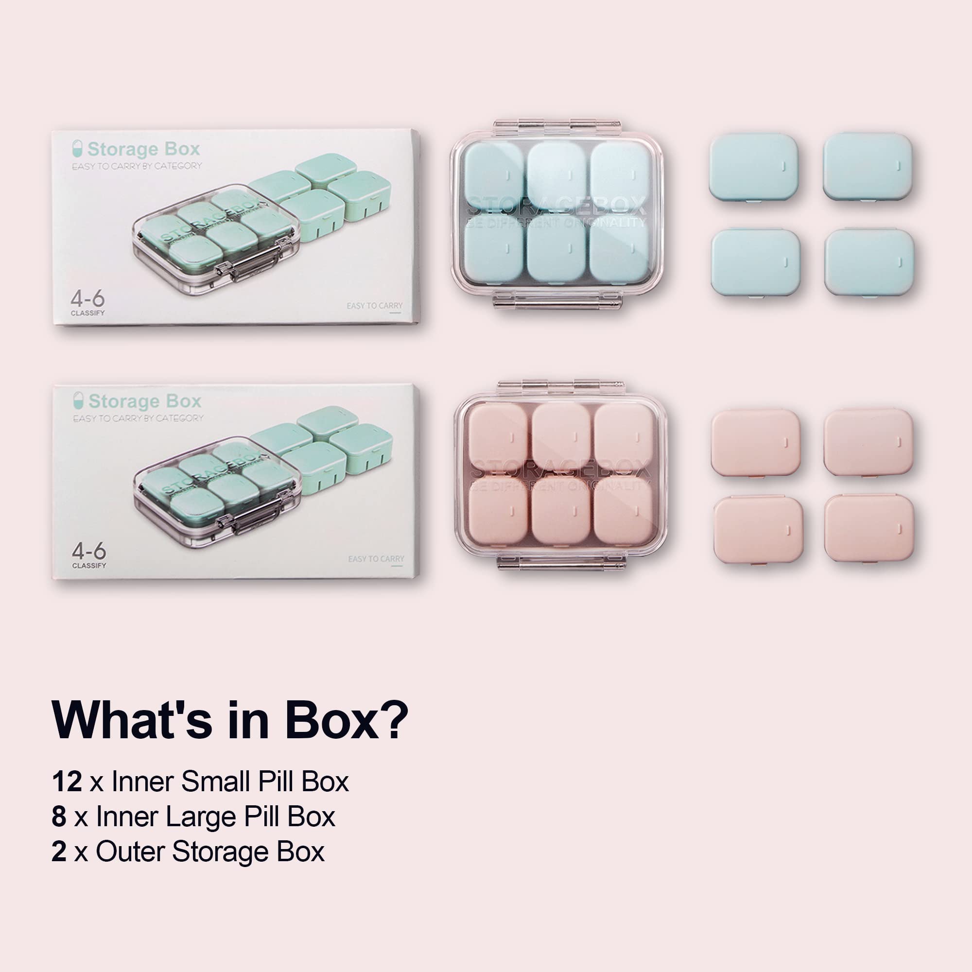 UNI-AOSA 2 Pack 4/5/6 Compartment Travel Pill Organizer,10 Inner Boxes Free Combination Pill Box,Moisture-Proof Pill Holder for Purse,BPA Free Pill Case for Medication,Vitamin -(Blue+Pink)
