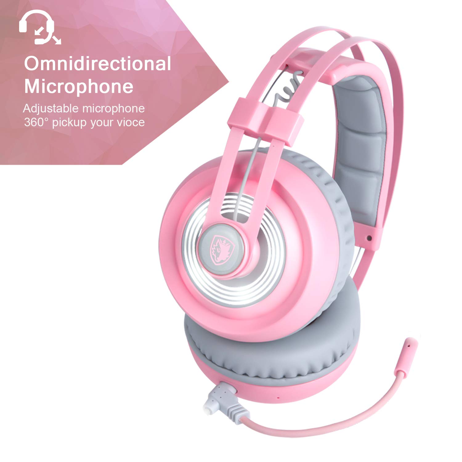 SADES Gaming Headset for PC Mac, USB 7.1 Surround Sound Wired Headset with Mic,LED Light & Noise Cancelling Over Ear Headphones - Pink