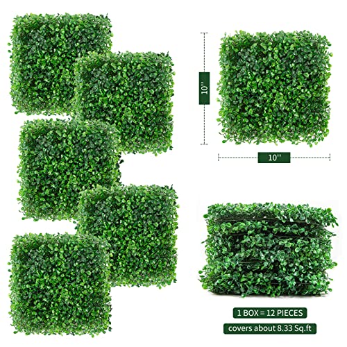 Vevitts 12 Packs 10"x10" Artificial Boxwood Hedges Mat with Cable Ties, Grass Wall Panels UV Privacy Fence Screen Greenery Panel for Indoor & Outdoor Decor