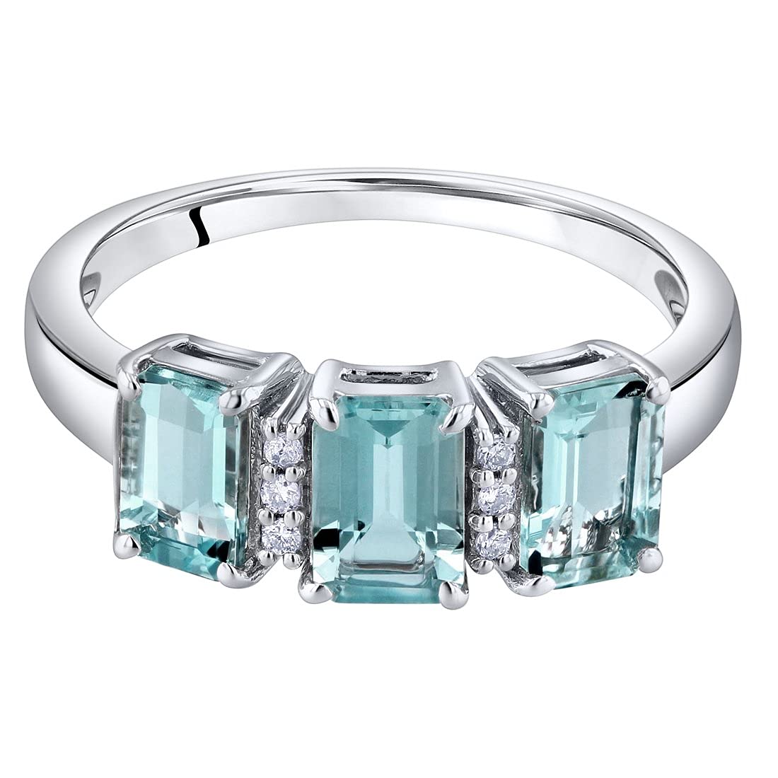 PEORA Aquamarine and Diamond Three Stone Ring for Women 14k White Gold, Genuine Gemstone Birthstone, 1.50 Carats total Emerald Cut 6x4mm, Size 8