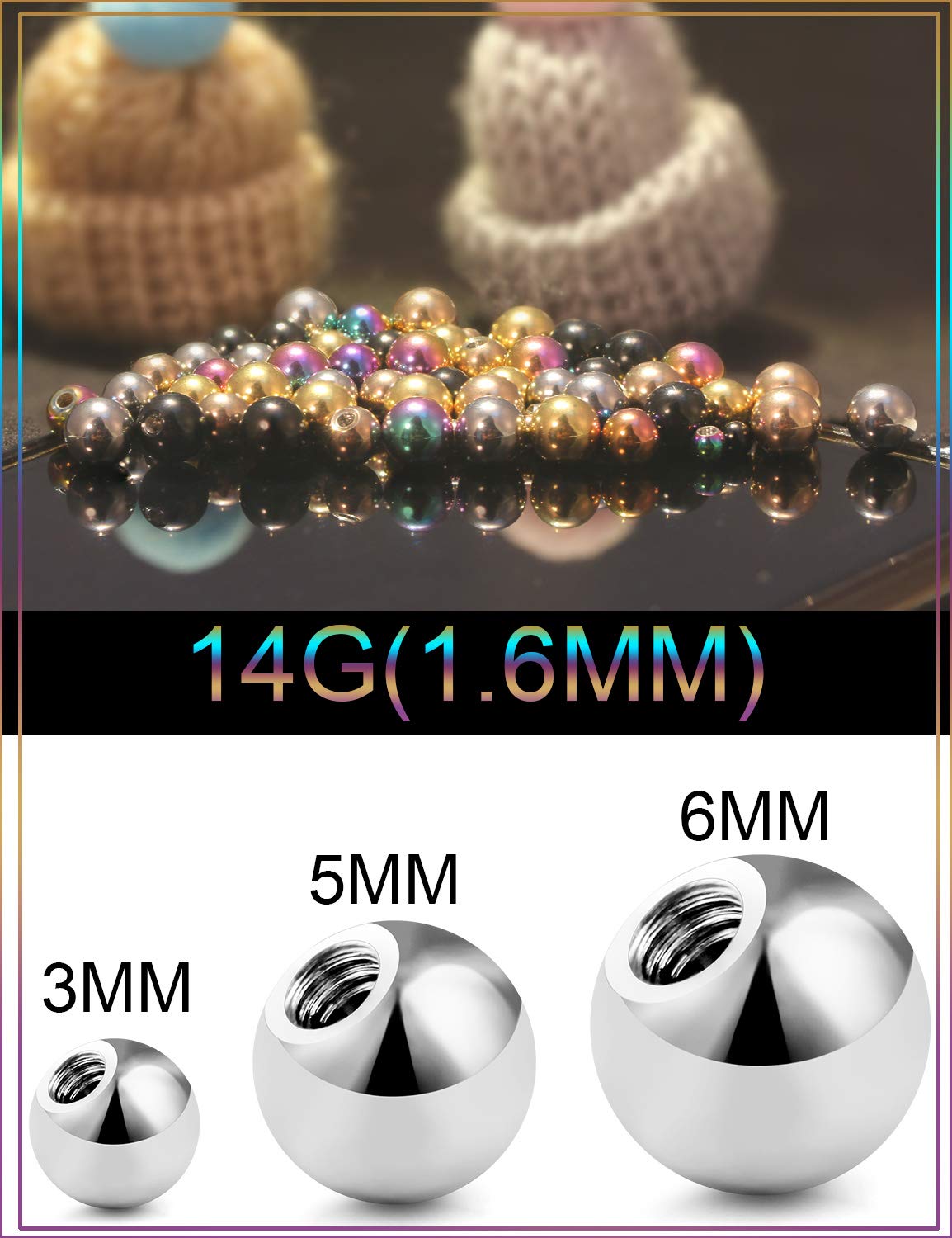 Prjndjw 14G Replacement Piercing Ball Nipple Rings Belly Button Rings Tongue Rings Eyebrow Rings Body Piercing Barbells 316L Stainless Steel Replacement Balls 3MM 5MM 6MM Set 75 Pcs Mixed Color