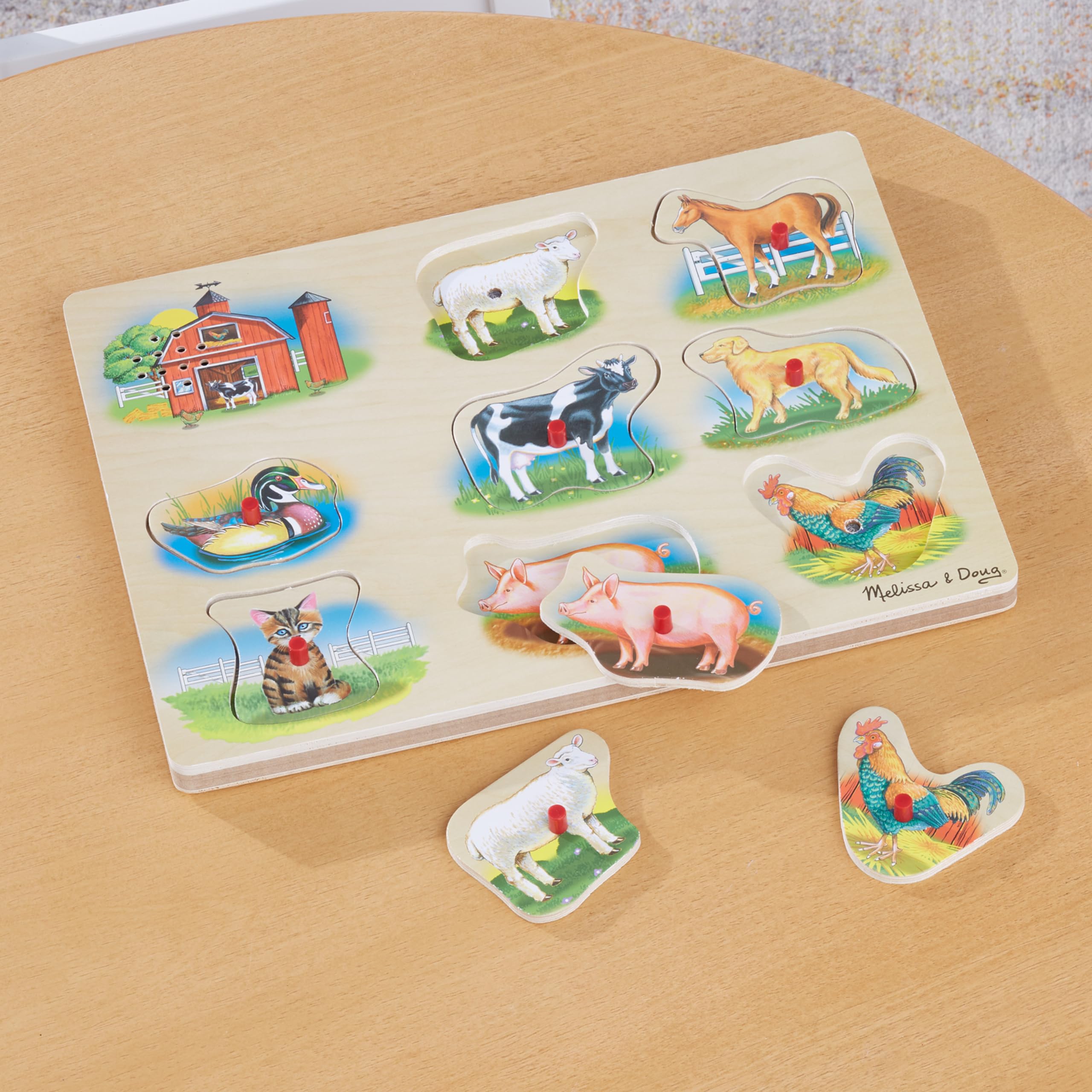 Melissa & Doug Farm Sound Puzzle - Wooden Peg Puzzle With Sound Effects (9 pcs)