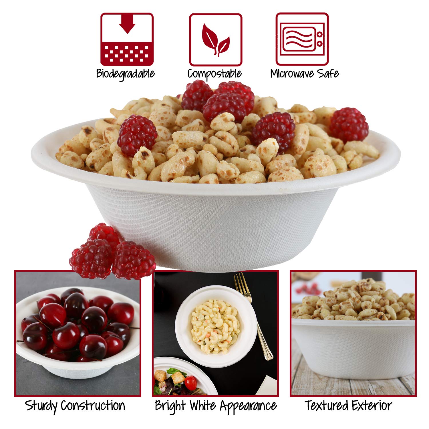 Paper Bowls 12 oz [125-Pack] - 100% Biodegradable Heavy Duty Disposable Bowls, Compostable Bowl Made from Bagasse/Sugarcane, for Hot and Cold Food – Sturdy Design and Textured Exterior