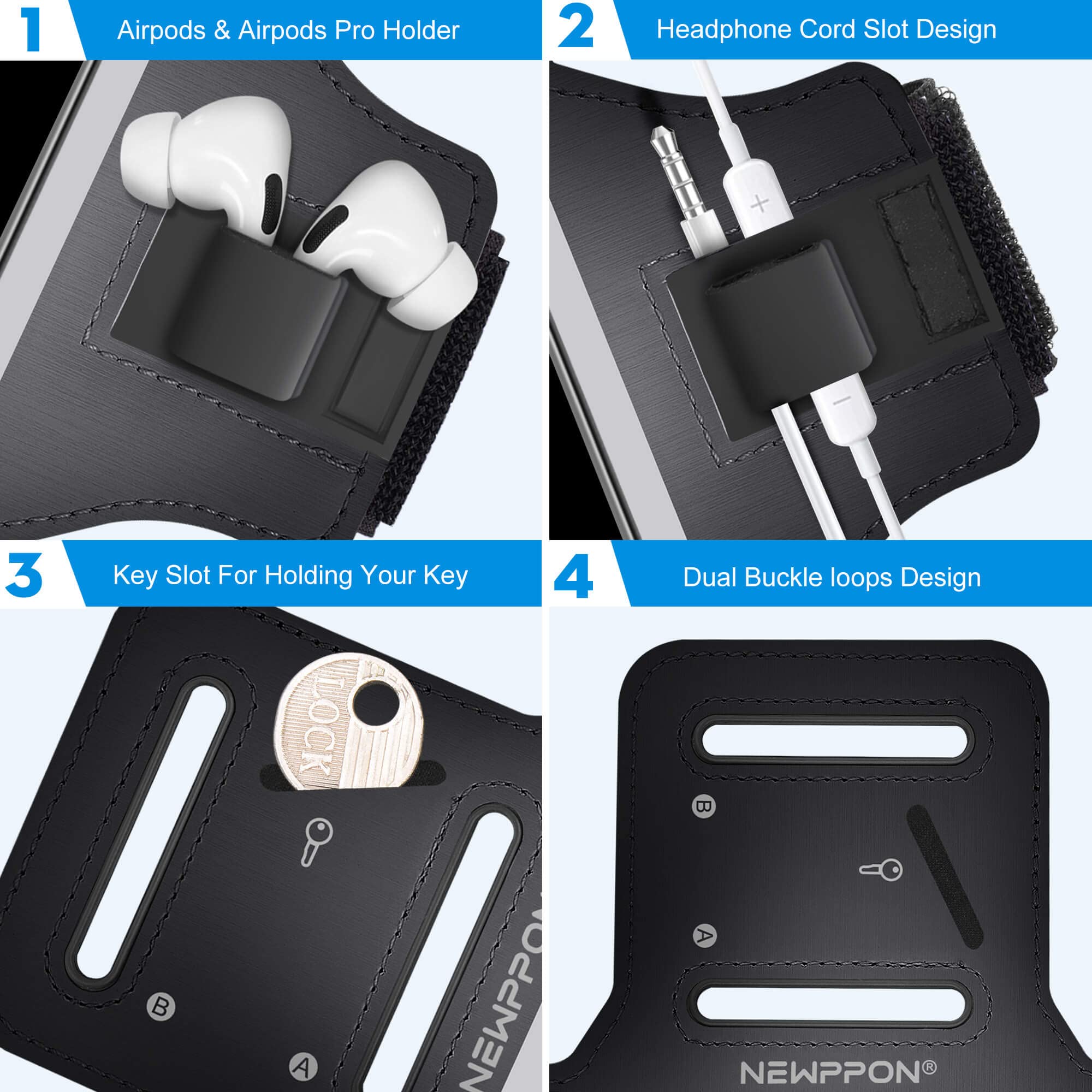 Newppon Cell Phone Running Armband :With Airpods Pro Holder Case for iPhone Pro Max Plus Mini SE (14/13/12/11/X/XS/XR/8/7) Galaxy Ultra Plus Edge Note (22/21/20/10/9/8) & Key Pocket & Adjustable Strap