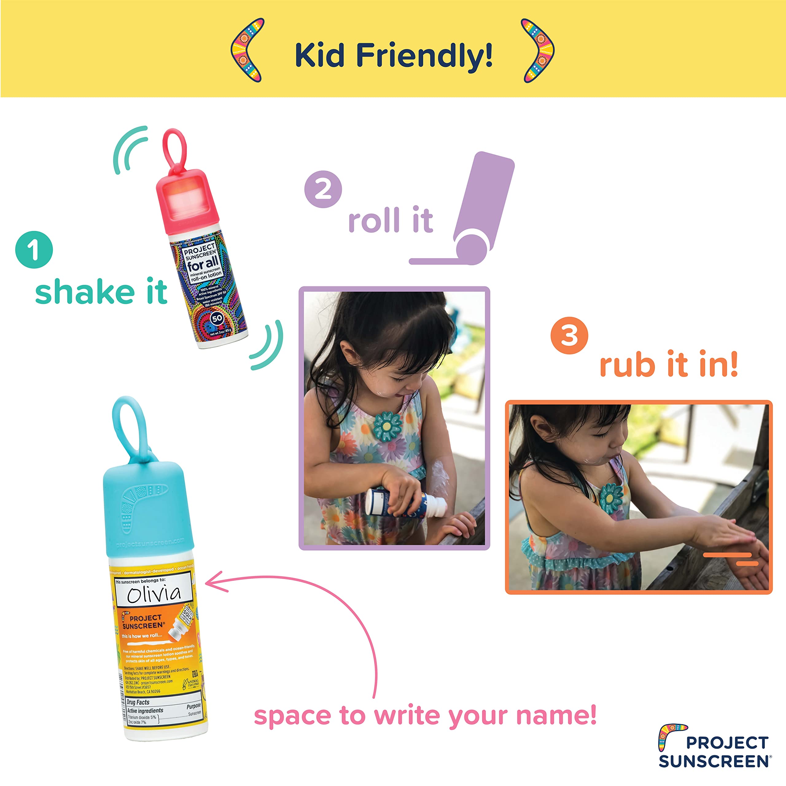 Project Sunscreen Roll-On SPF 50 Sun Protection for Kids - Natural Mineral Based and Water Resistant Formula For Sensitive Skin - 3 Ounce, All Fun & Games - Blue