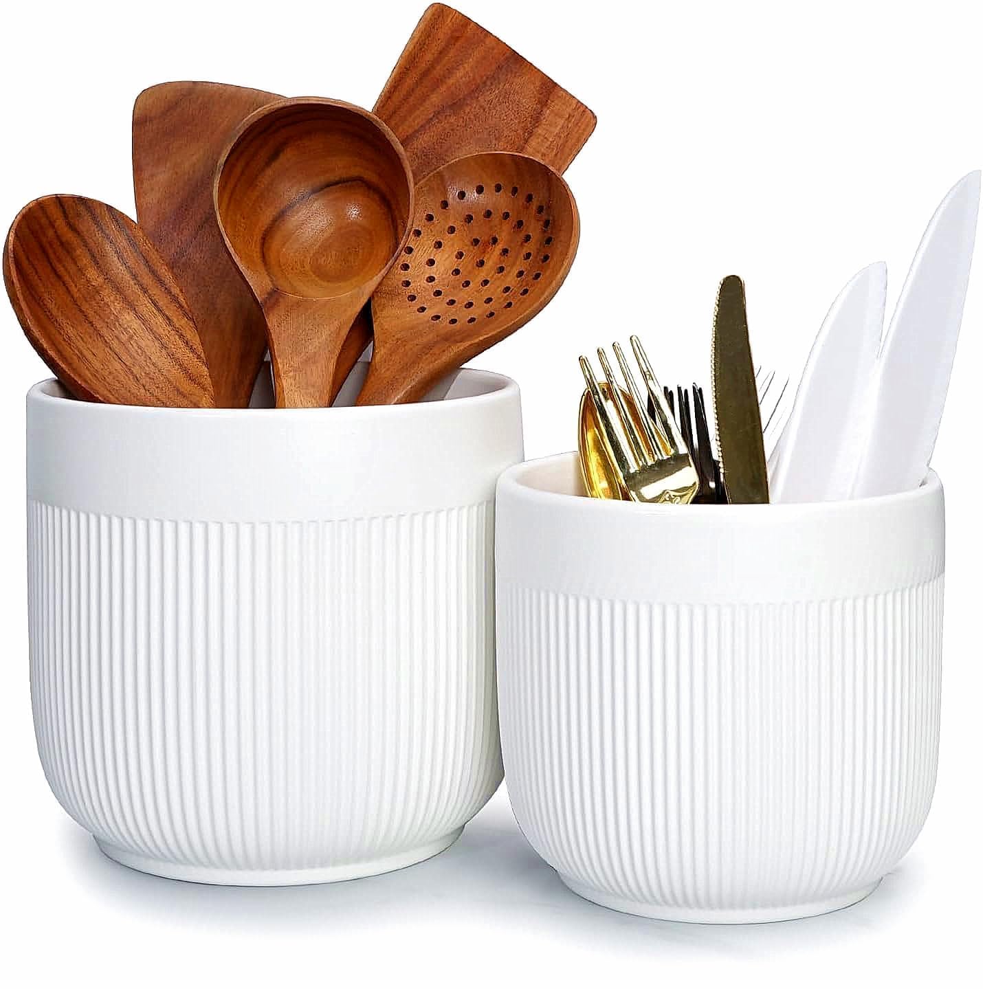 ZOEHROWS Utensil Holder, Set of 2 Large Ceramic Kitchen Utensil Holder for Countertop, Cooking Utensil Holder for Kitchen Counter, Morden Utensil Organizer for Spatula, Kitchen Decor,White