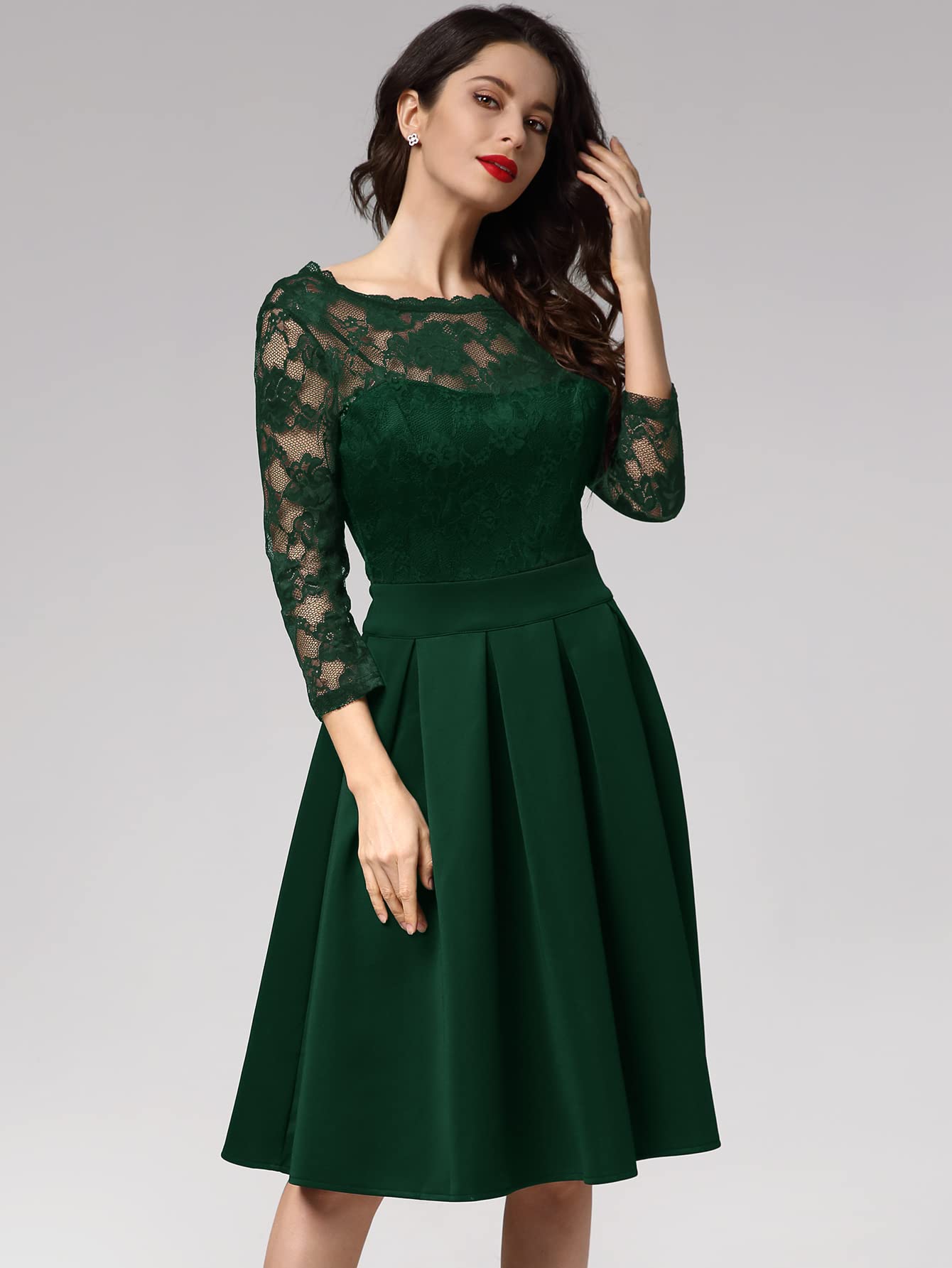 Miusol Women's Vintage Floral Lace 2/3 Sleeve Cocktail Party Swing Dress, Dark Green, Large