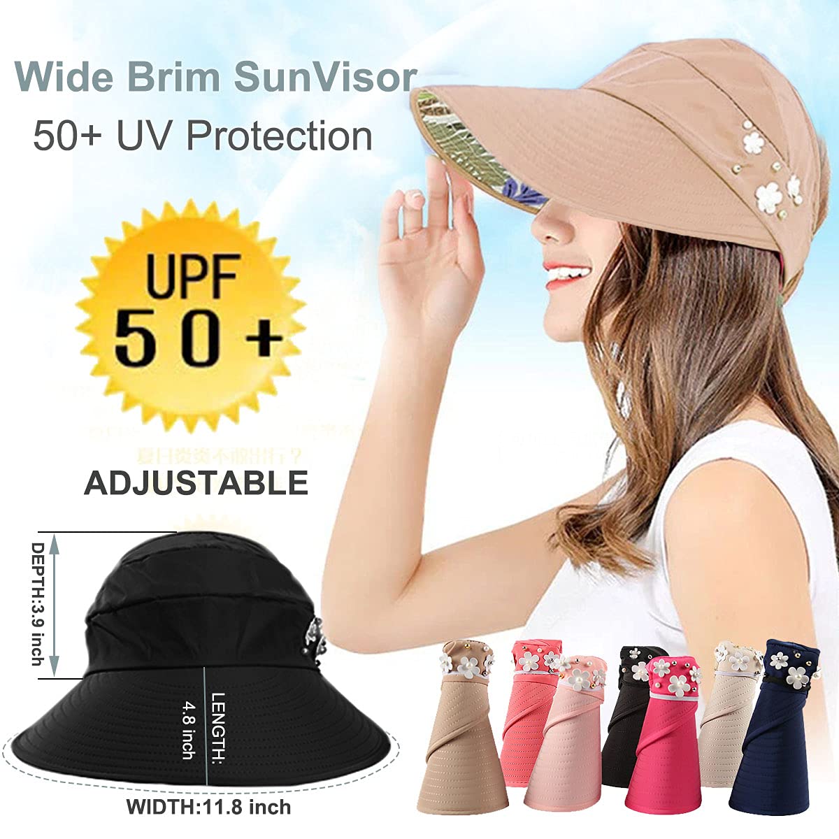 Sun Hats for Women Wide Brim Sun Visor Cap UV Protection Summer Sun Hat (Black)