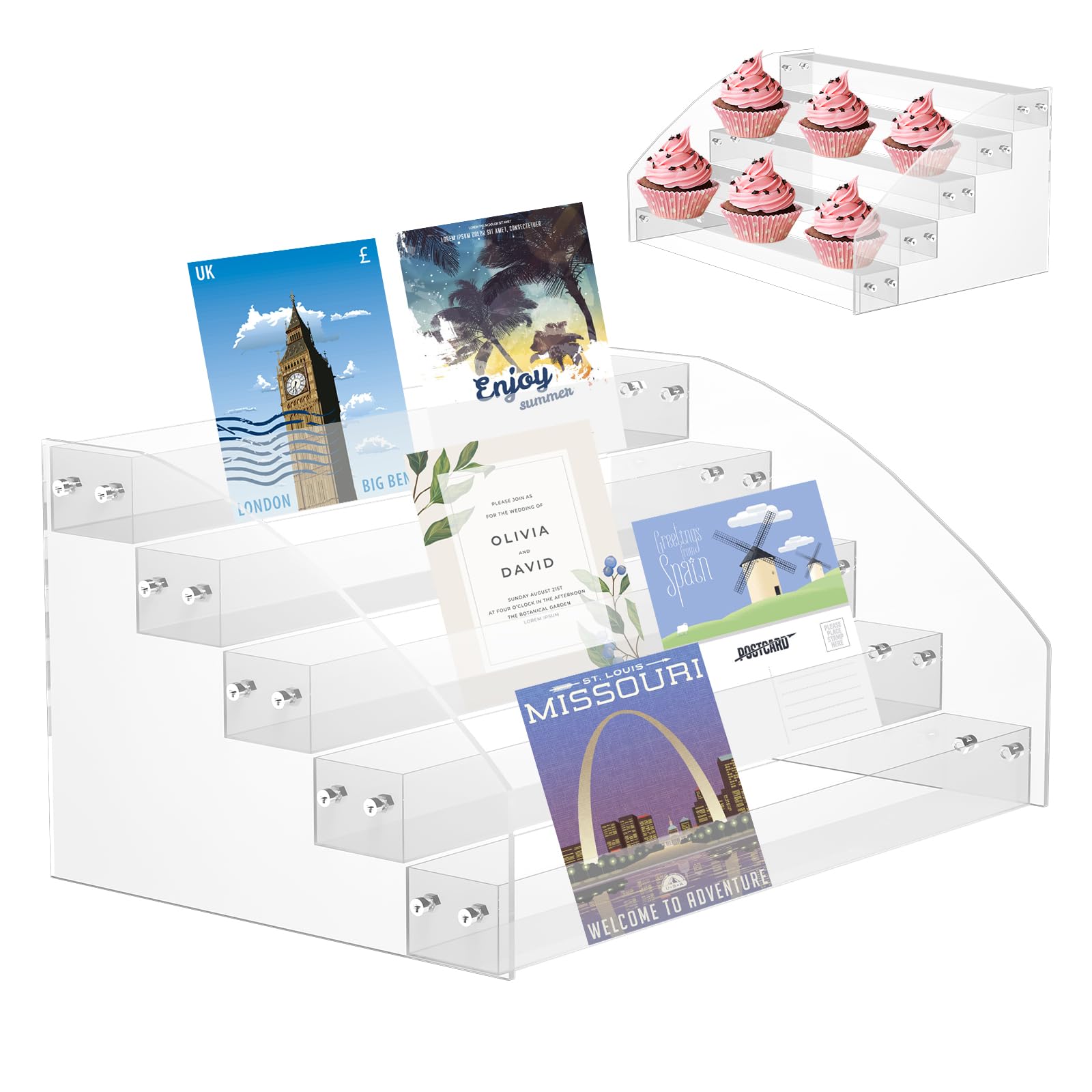 yuuzue 5 Tier Greeting Card Display Rack, Clear Acrylic Sticker Display Stand Greeting Card Holder Postcard Organizer for Vendors Retail Display Photo Stand for Counter Tabletop Display Supplies