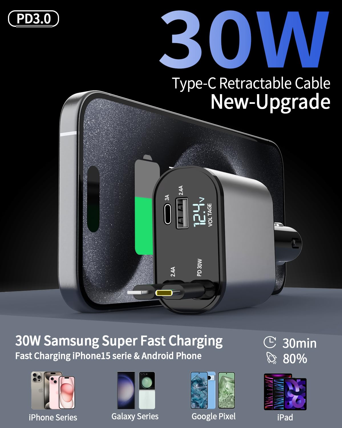 Retractable Car Charger, 4 in 1 Fast Car Phone Charger 66W, Retractable Cables and USB Car Charger,Compatible with iPhone 15/14/13/12/11,Galaxy,Pixel