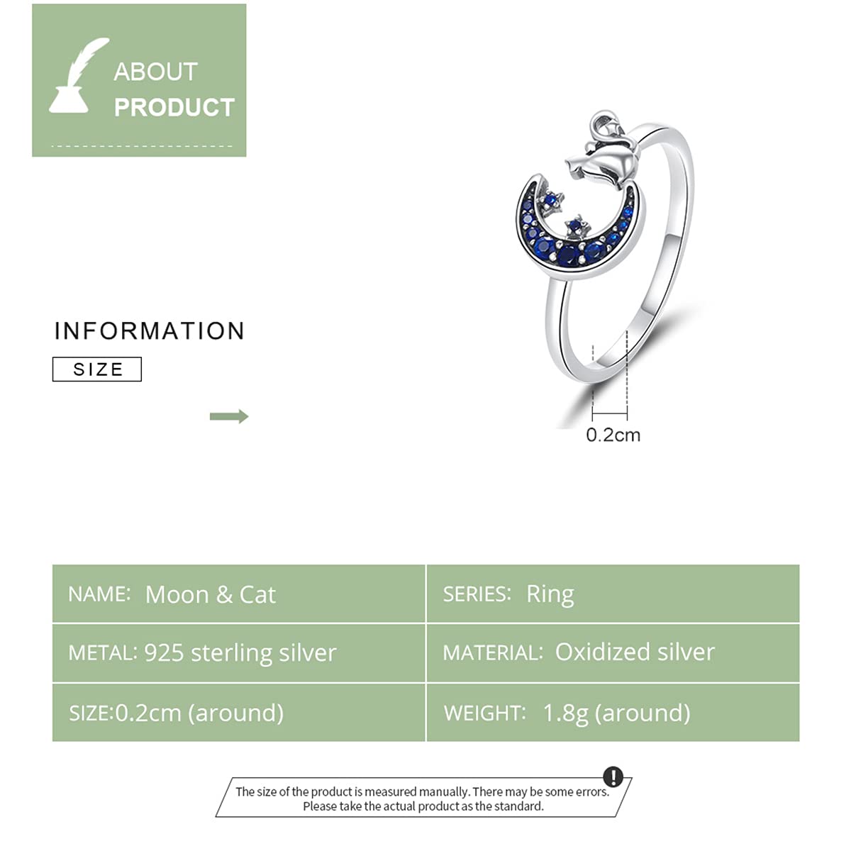 RUKYF 925 Sterling Silver Cubic Zirconia Cat Star Moon Butterfly Ring Cute Rings Adjustable Dainty Rings for Women Cat Gifts for Cat Lovers