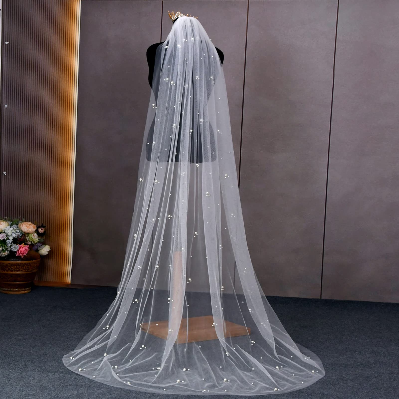 ULAPAN Women Pearl Wedding Veil Simple Chapel Bridal Veil for Wedding Party 2M Long (white)
