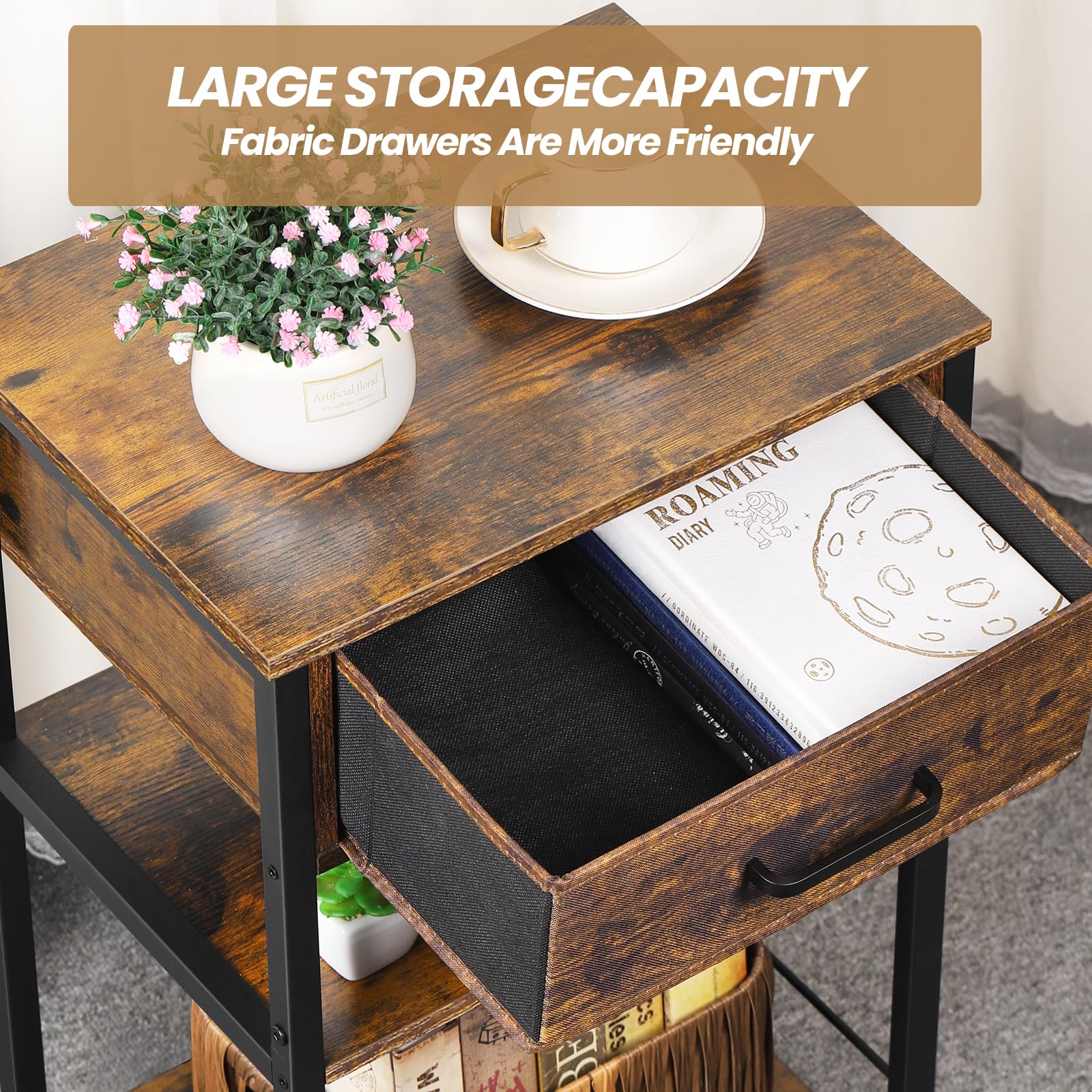 melos Night Stands with Charging Station, 3 Tier Nightstand with USB Ports and Outlets, Bedside Table with Fabric Drawers, Tall Side End Table with Storage Shelf for Bedroom, Living Room, Sofa, Black